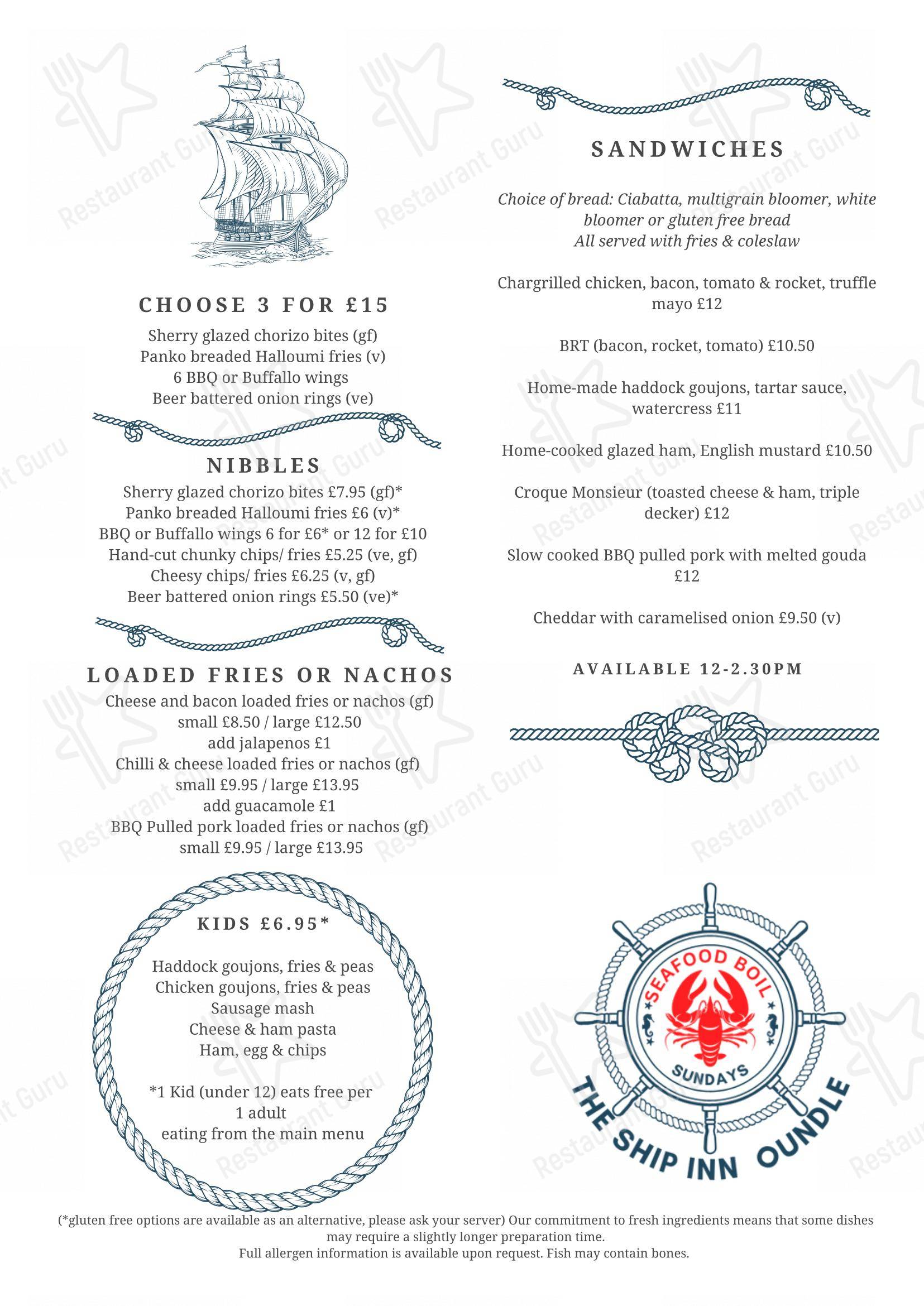 Menu at The Ship Inn pub & bar, Peterborough