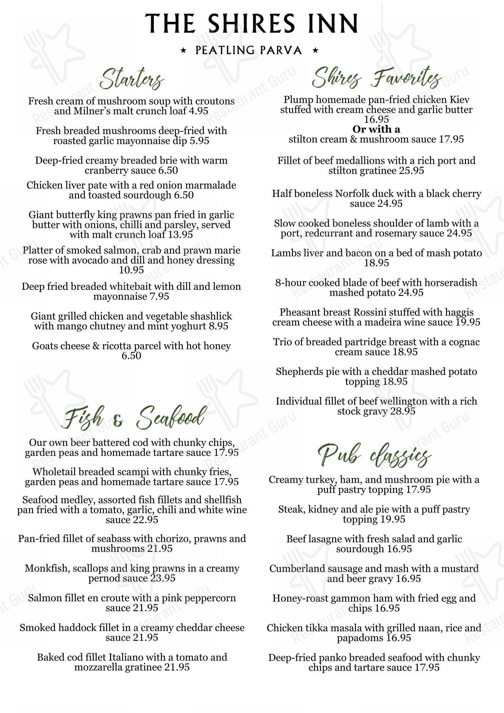 Menu at The Shires Inn & Restaurant, Gilmorton, Main St