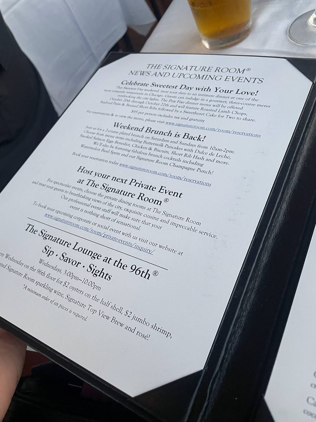 Menu at The Signature Room at the 95th restaurant, Chicago
