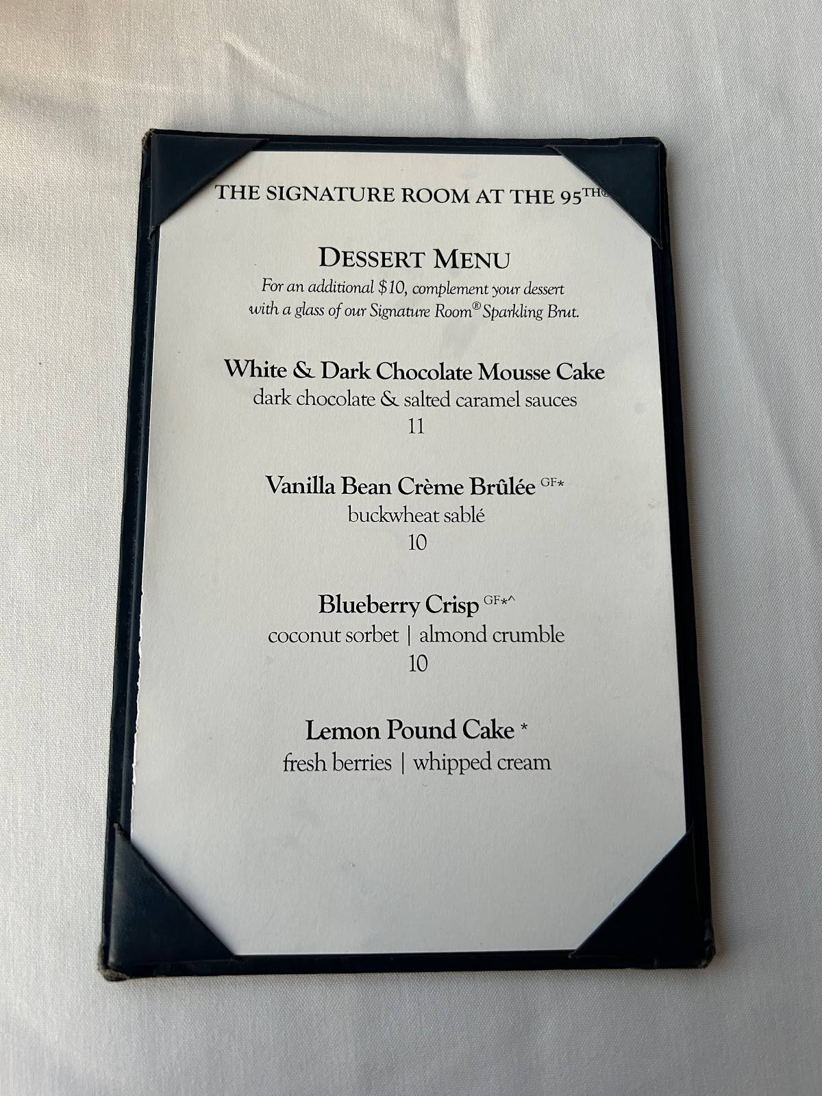 Menu at The Signature Room at the 95th restaurant, Chicago