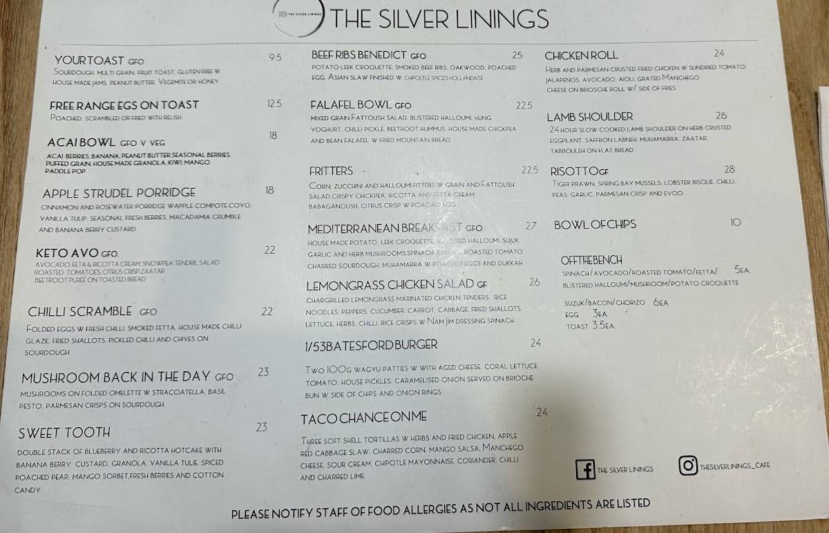 Menu at The Silver Linings cafe, Chadstone