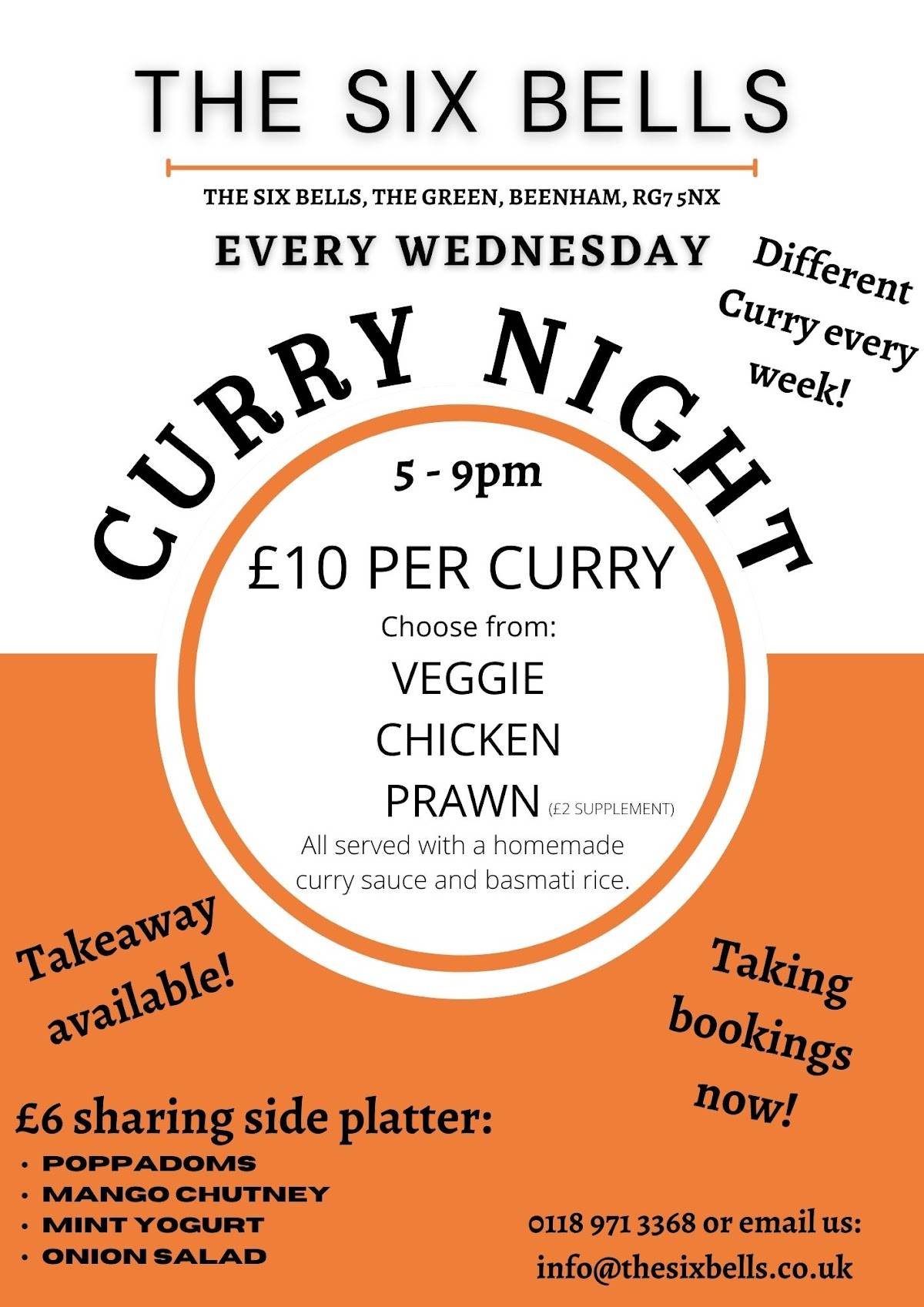 Menu at The Six Bells pub & bar, Bradfield Southend, The Green