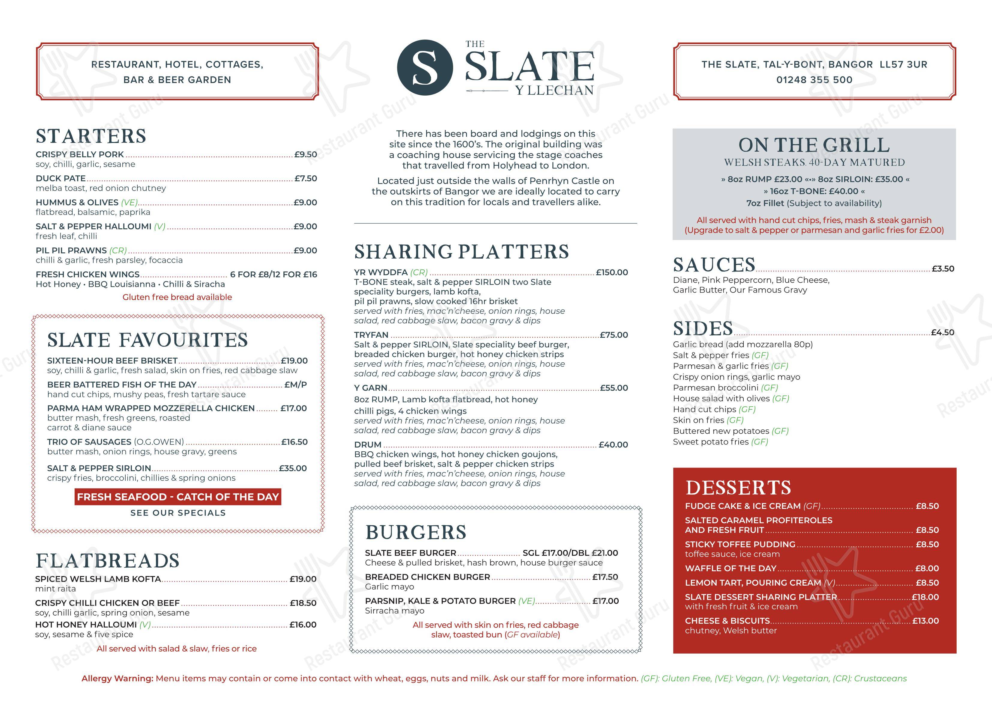 Menu at The Slate / Y Llechan pub & bar, Bangor