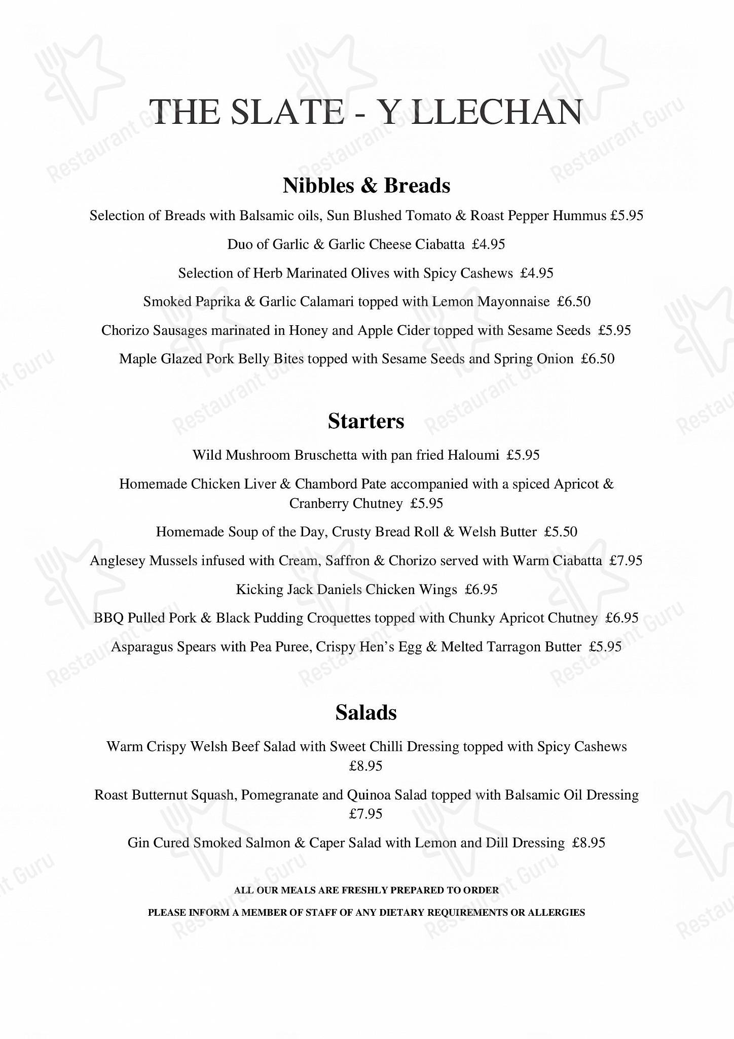 Menu at The Slate / Y Llechan pub & bar, Bangor