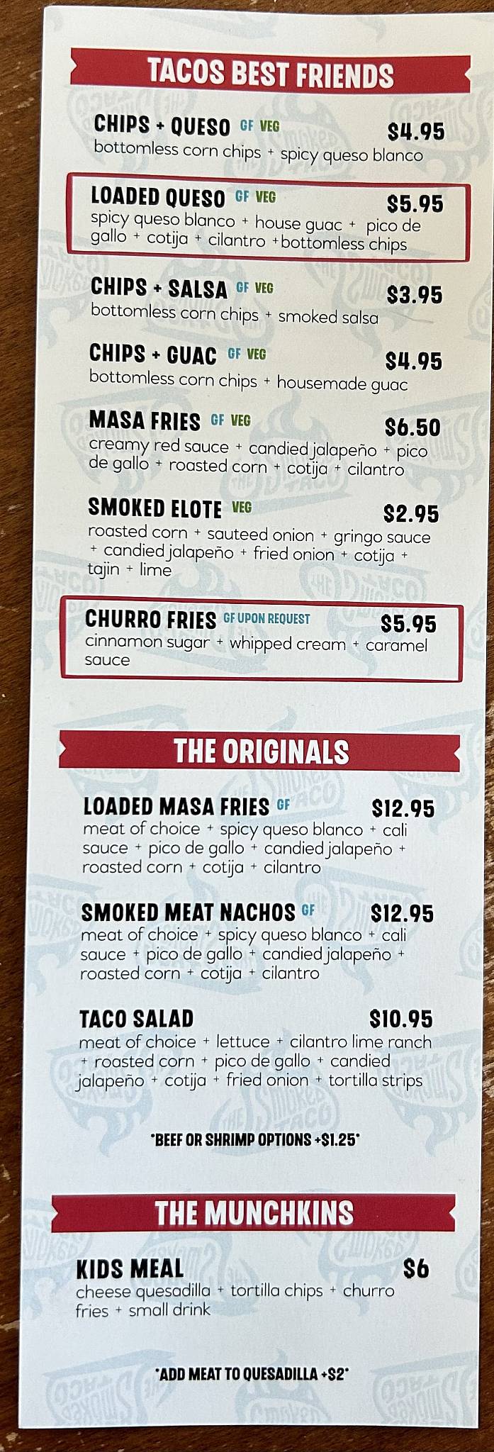 Menu at The Smoked Taco restaurant, Riverdale