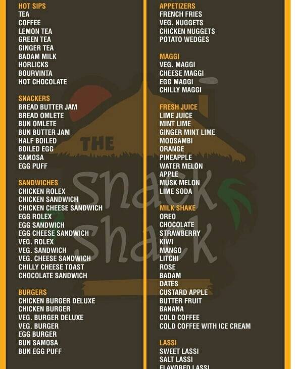Menu at The Snack Shack, Bengaluru, 2HQ7+6QW