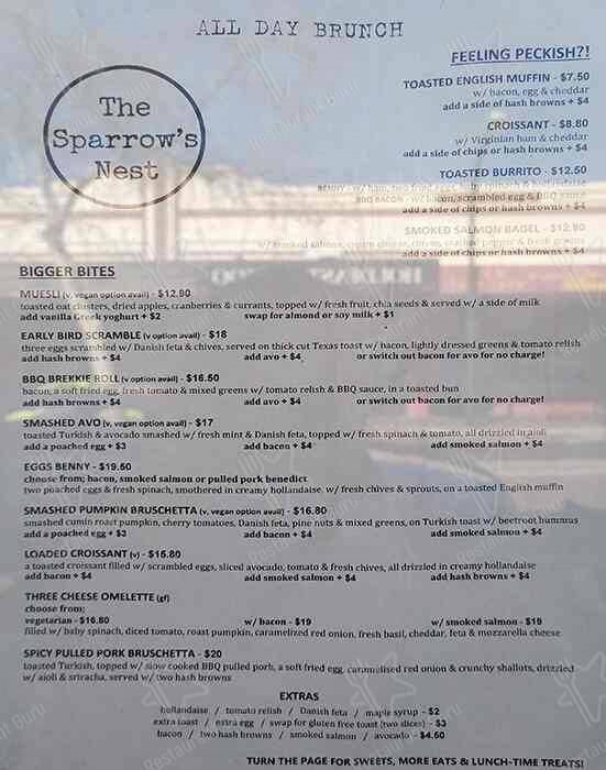 Menu at The Sparrow's Nest cafe, East Victoria Park