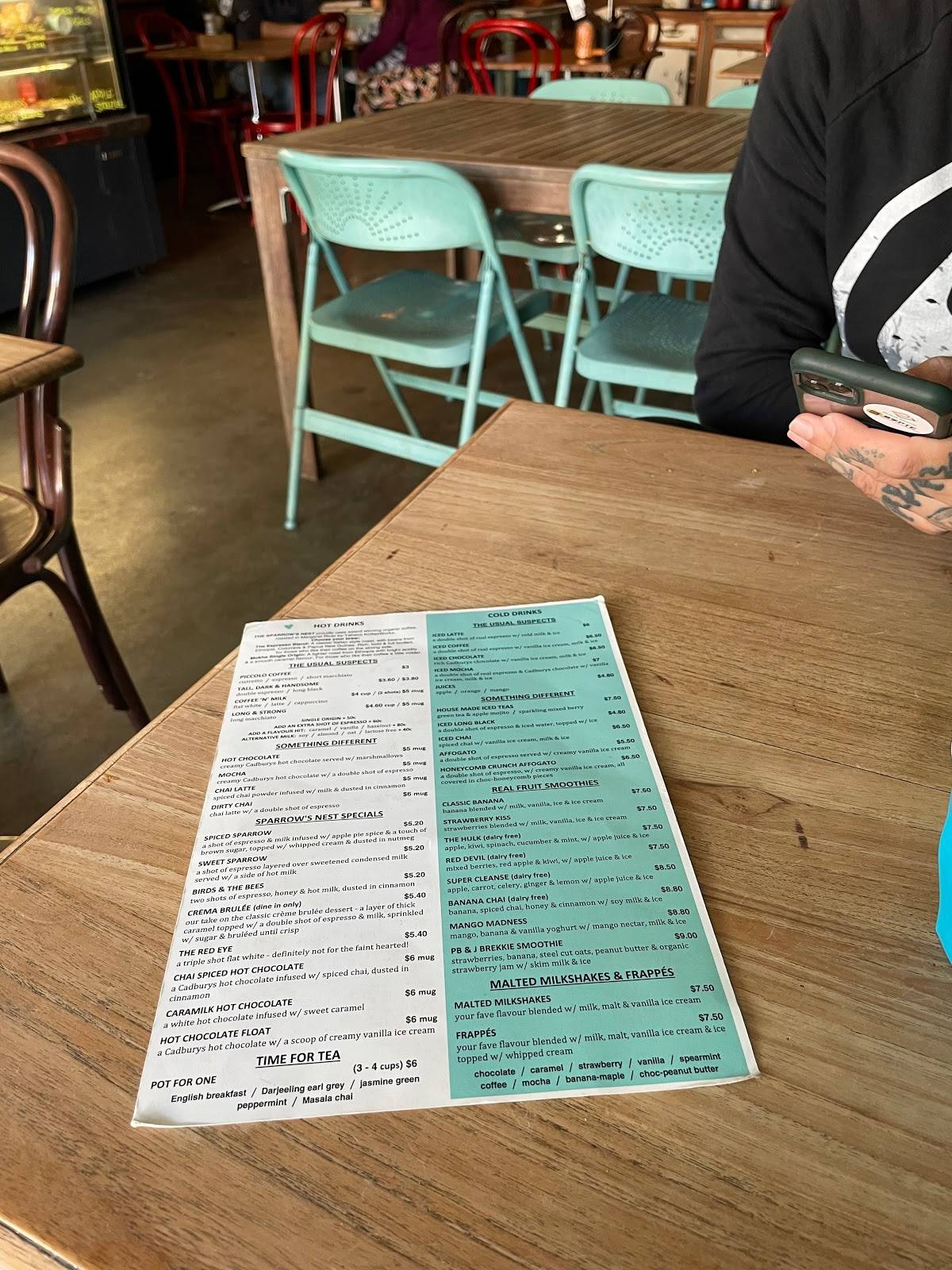 Menu at The Sparrow's Nest cafe, East Victoria Park