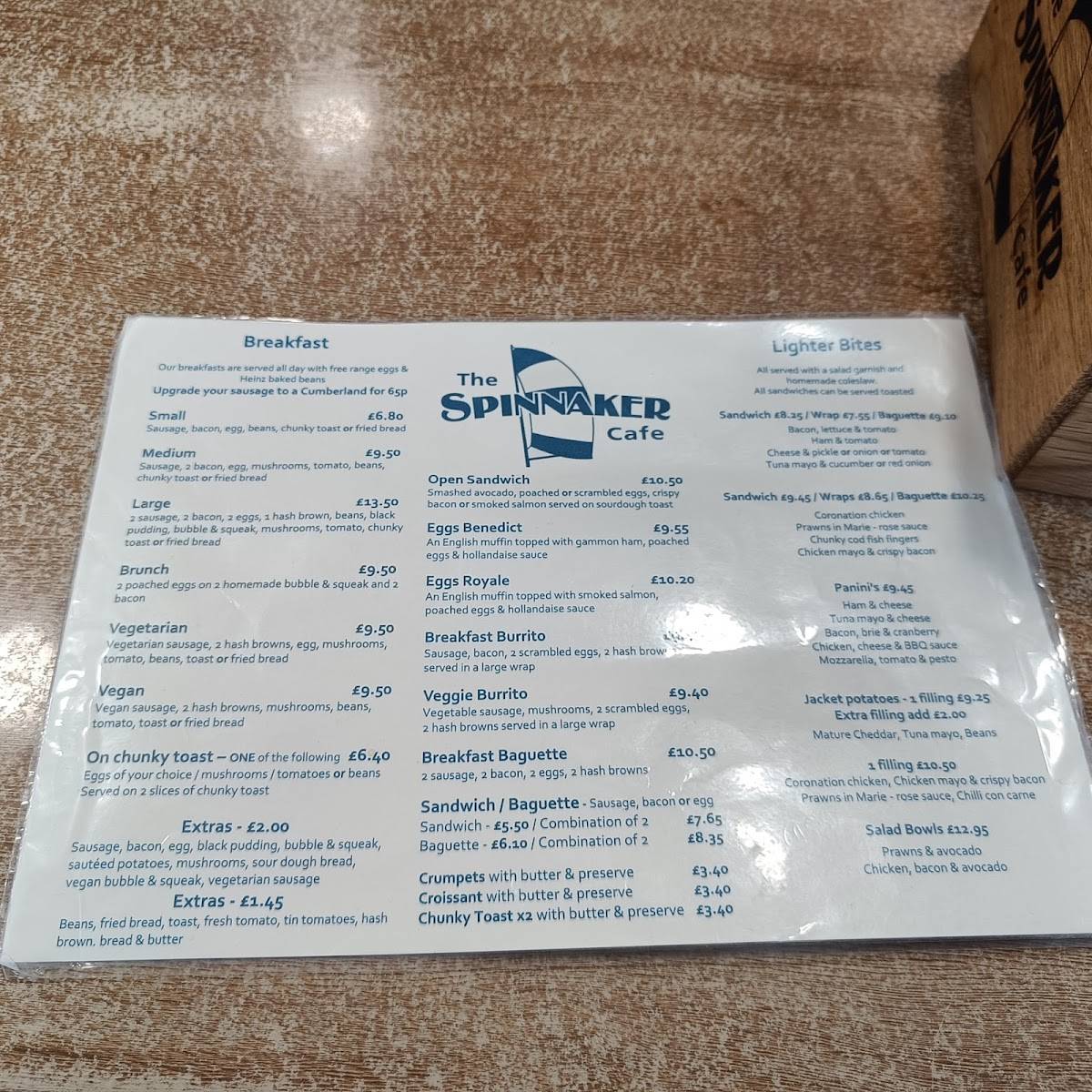 Menu at The Spinnaker Café cafe, Portsmouth