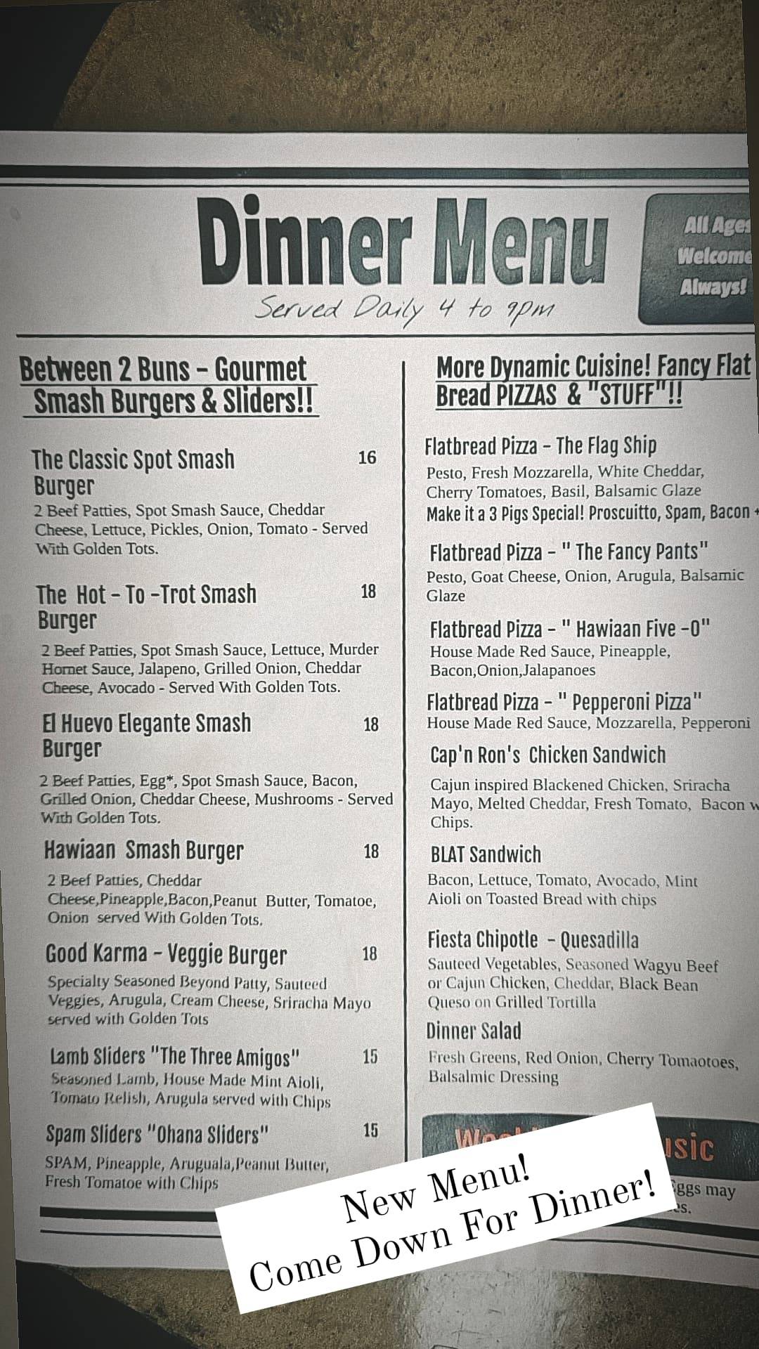 Menu at The Spot West Seattle restaurant, Seattle