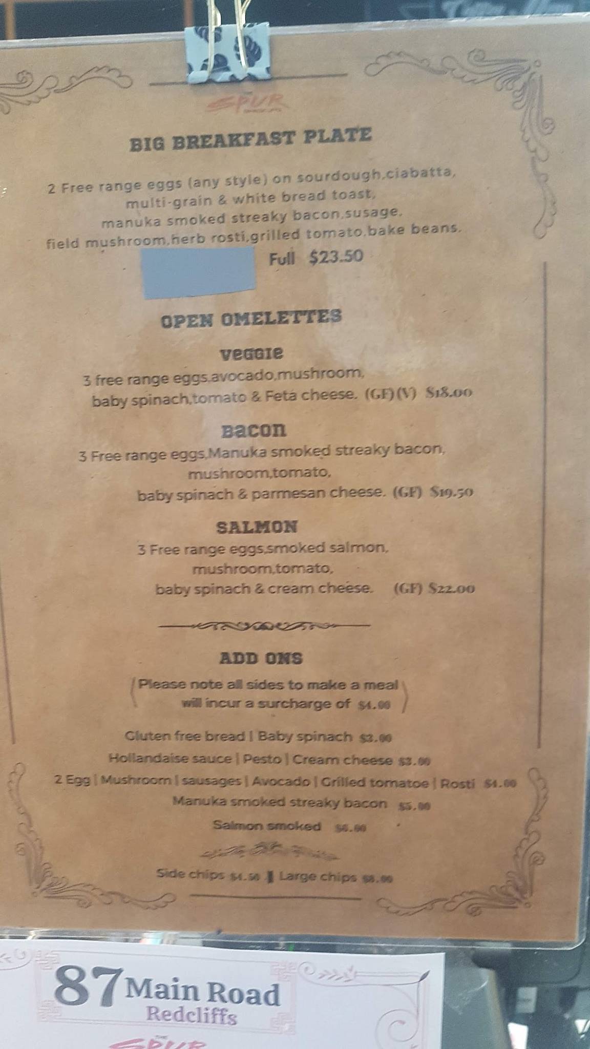 Menu at The Spur On Redcliffs cafe, Christchurch