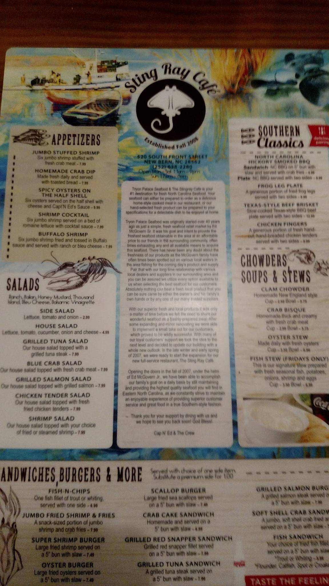 Menu at The Stingray Café restaurant, New Bern