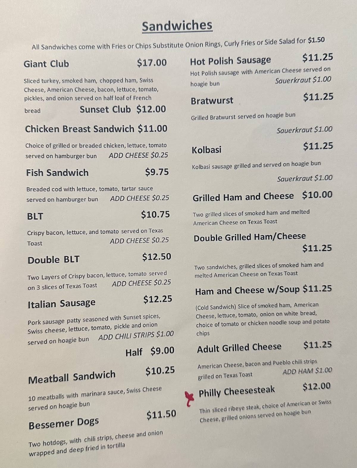 Menu at The Sunset Inn Bar and Grill, Pueblo