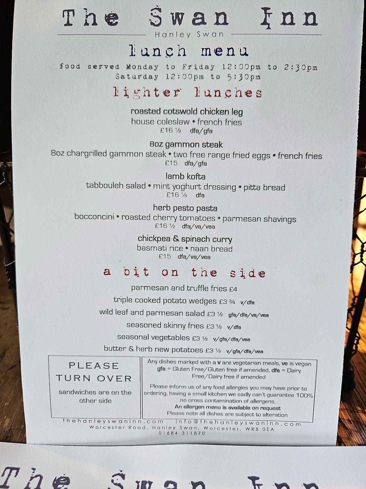 Menu at The Swan Inn pub & bar, Hanley Swan, Road