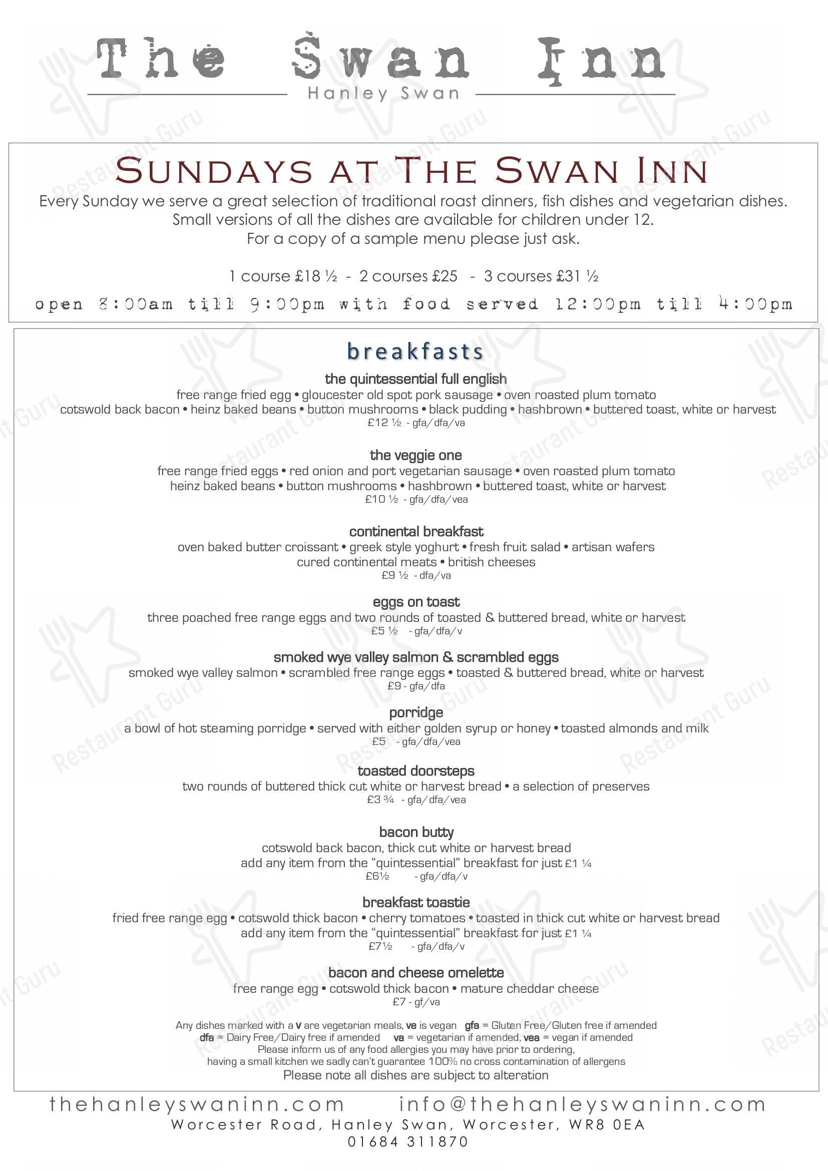 Menu at The Swan Inn pub & bar, Hanley Swan, Road