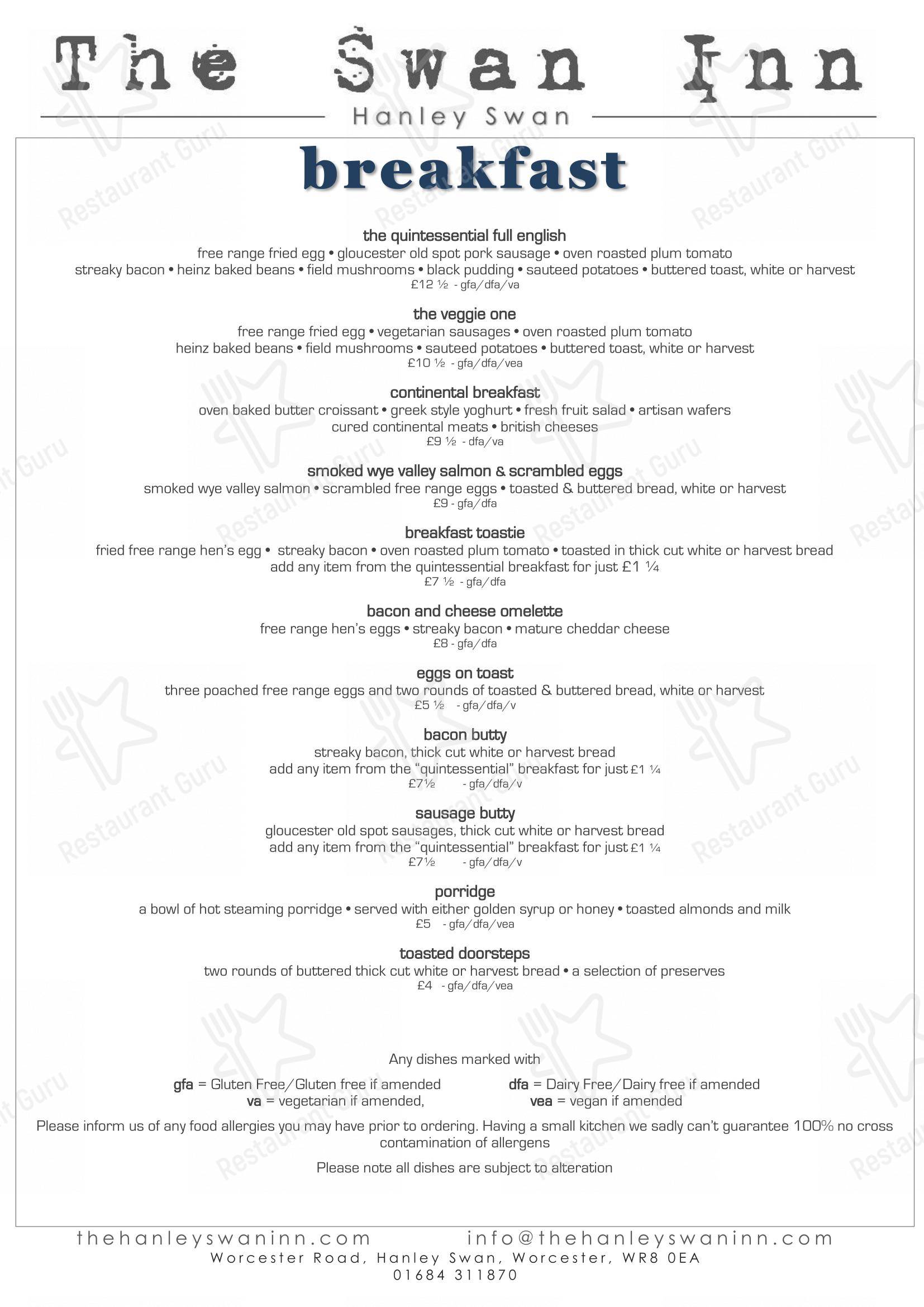 Menu at The Swan Inn pub & bar, Hanley Swan, Road