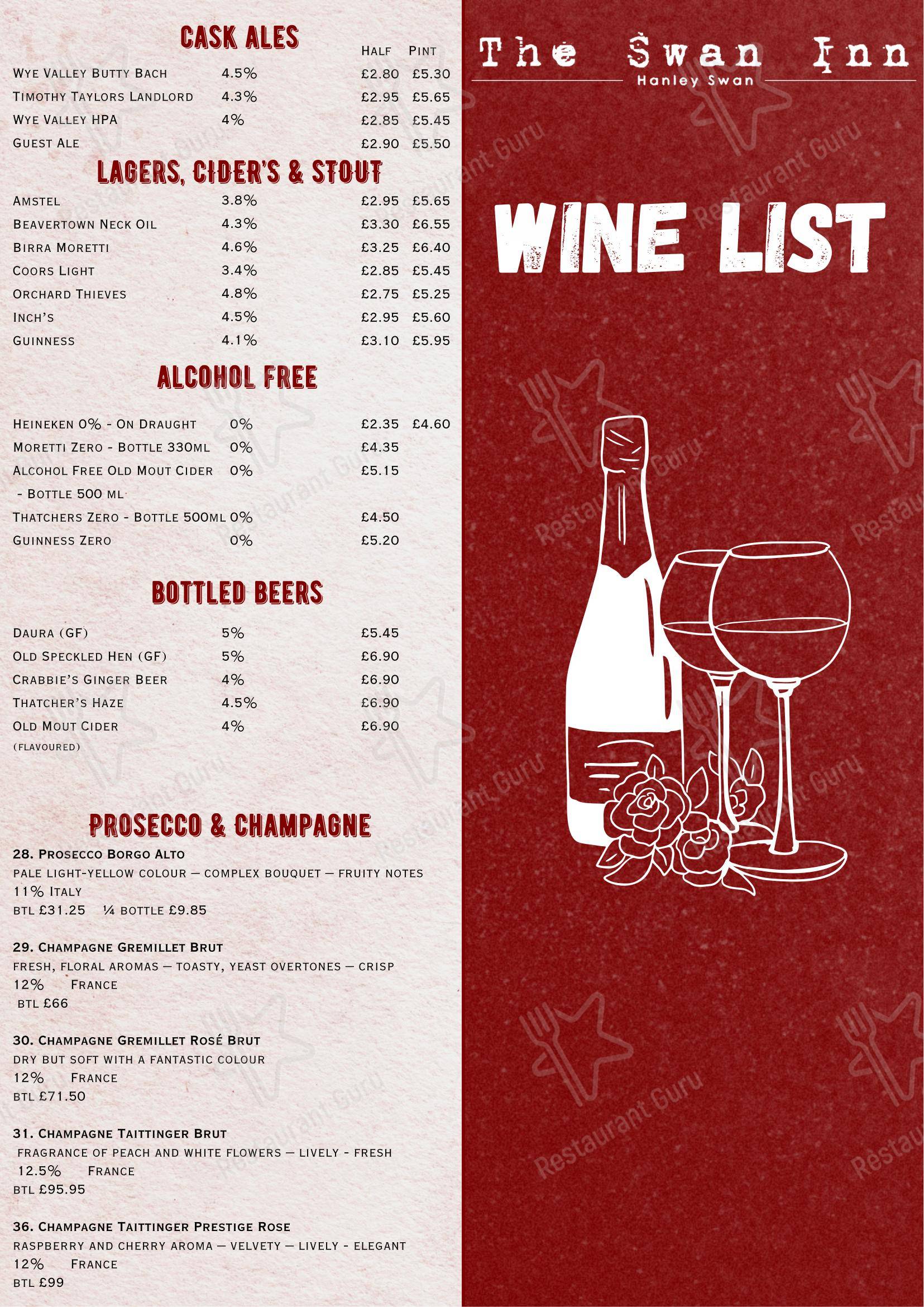 Menu at The Swan Inn pub & bar, Hanley Swan, Road