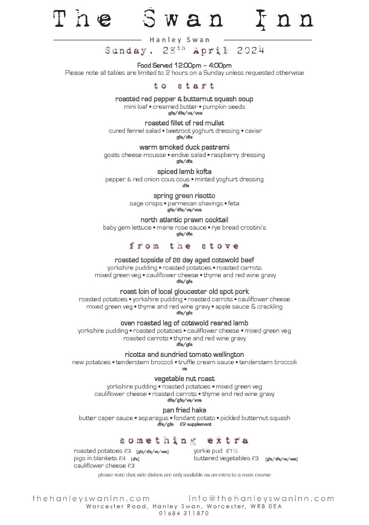 Menu at The Swan Inn pub & bar, Hanley Swan, Road