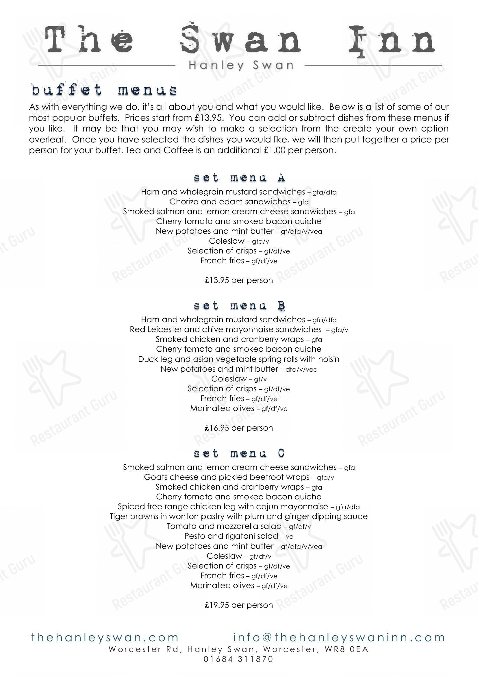 Menu at The Swan Inn pub & bar, Hanley Swan, Road