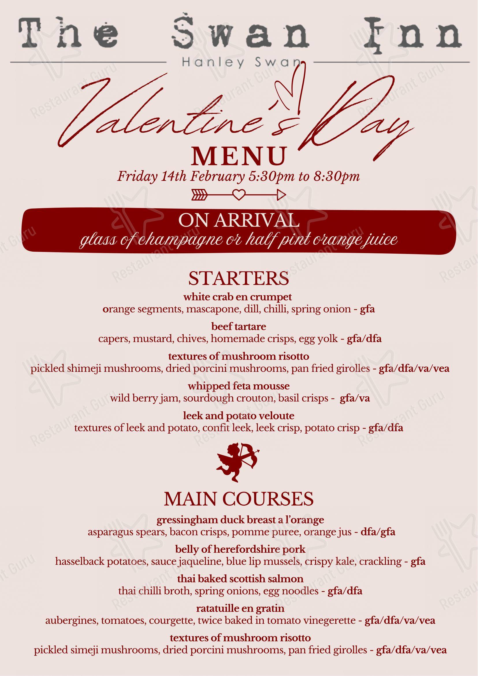 Menu at The Swan Inn pub & bar, Hanley Swan, Road