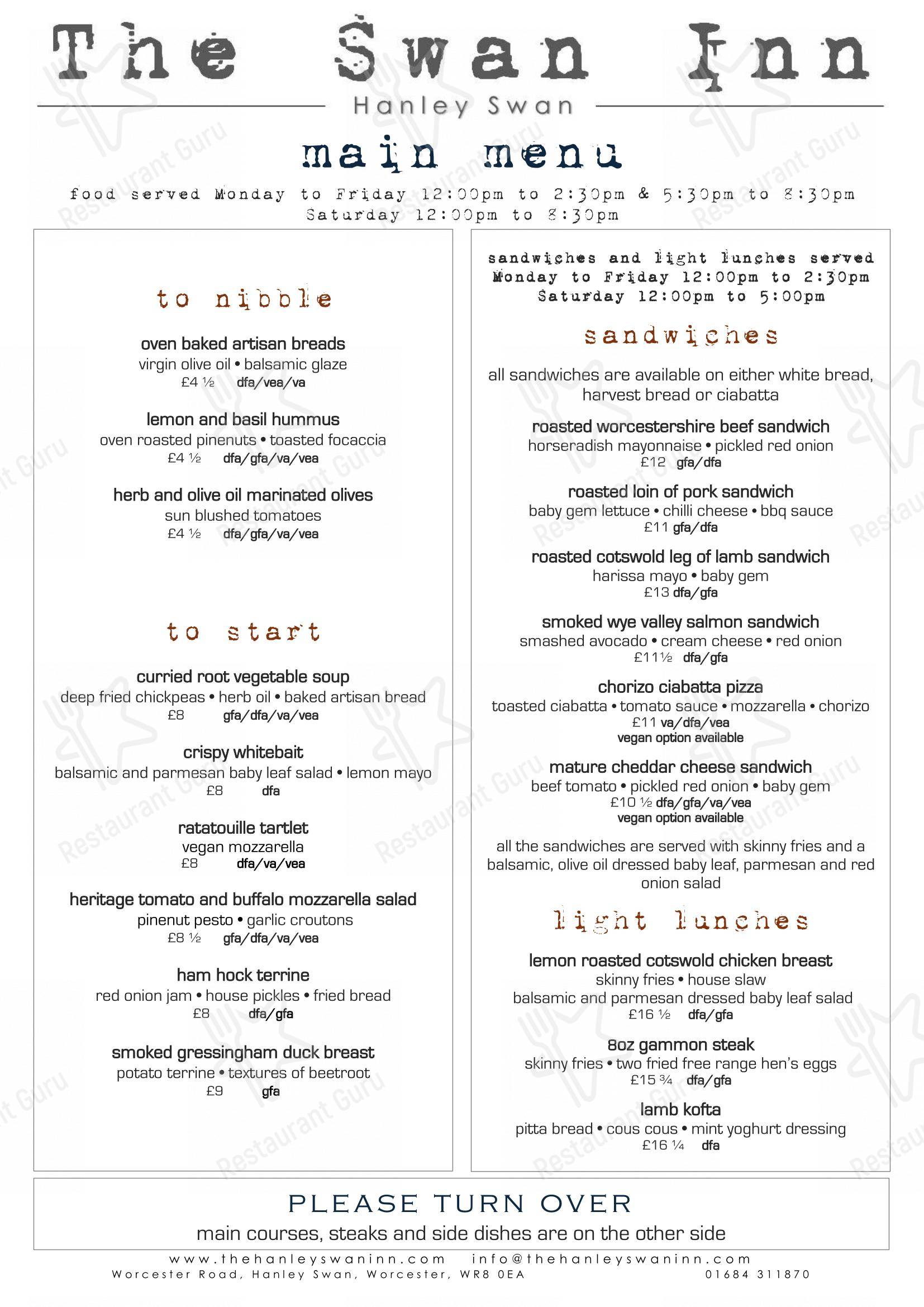 Menu at The Swan Inn pub & bar, Hanley Swan, Road