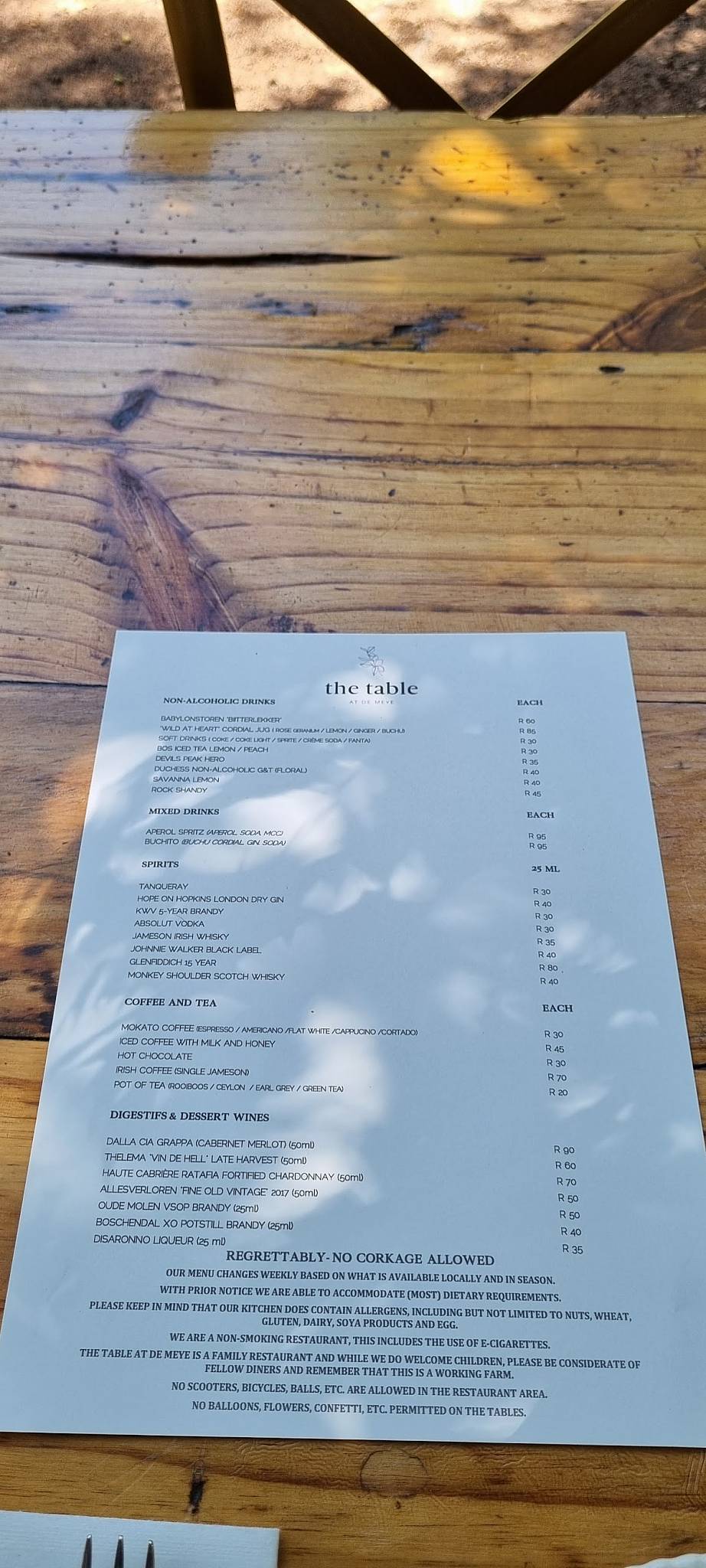 Menu at The Table at De Meye restaurant, Stellenbosch