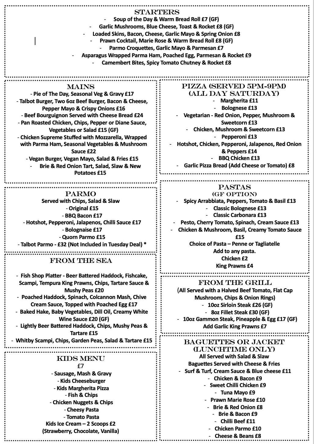 Menu at The Talbot pub & bar, Stockton-on-Tees