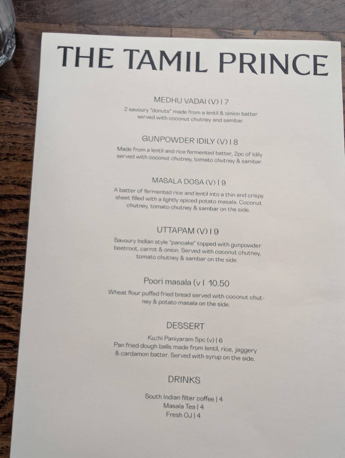 Menu at The Tamil Prince restaurant, London