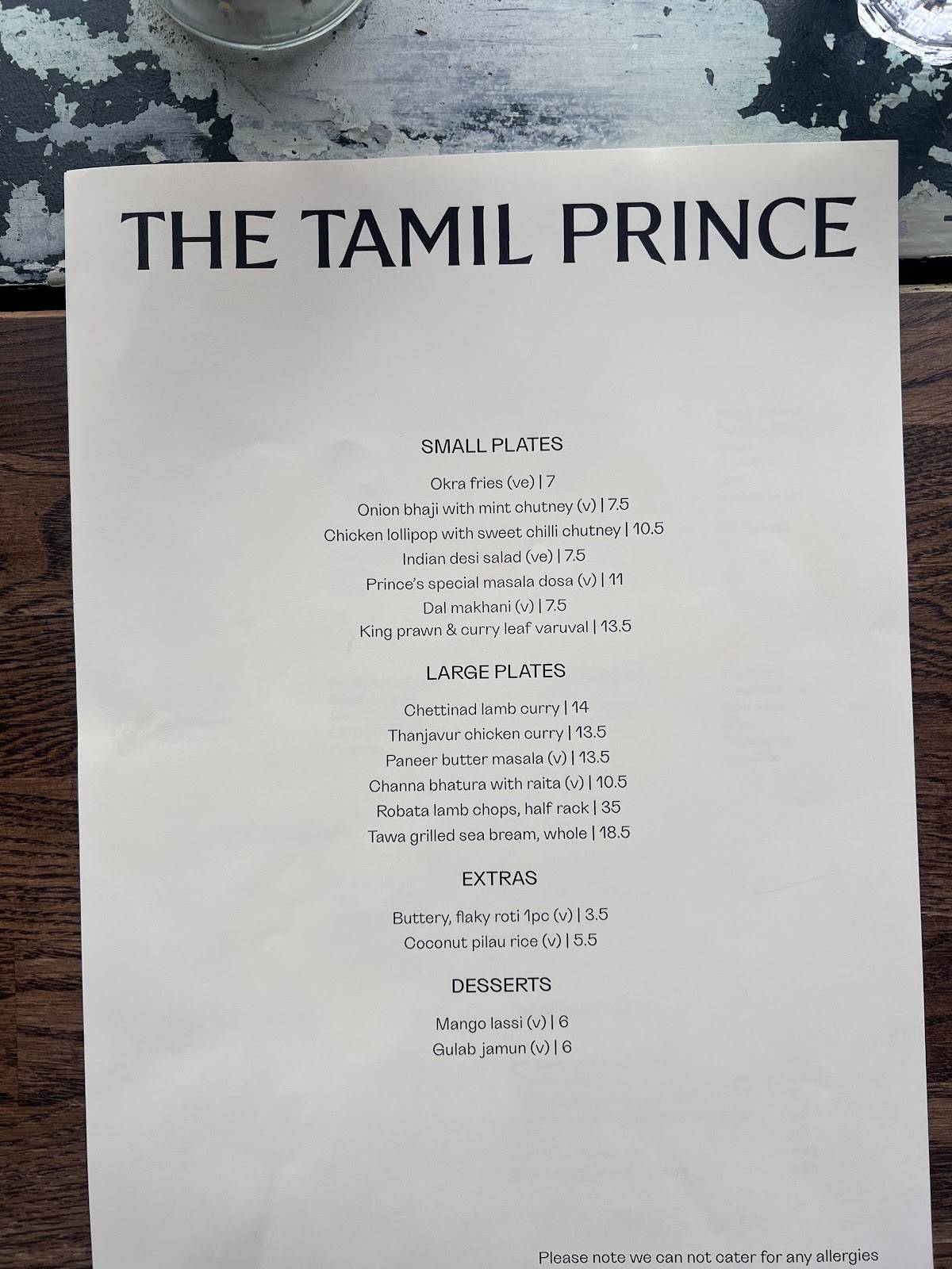 Carta del restaurante The Tamil Prince, Londres