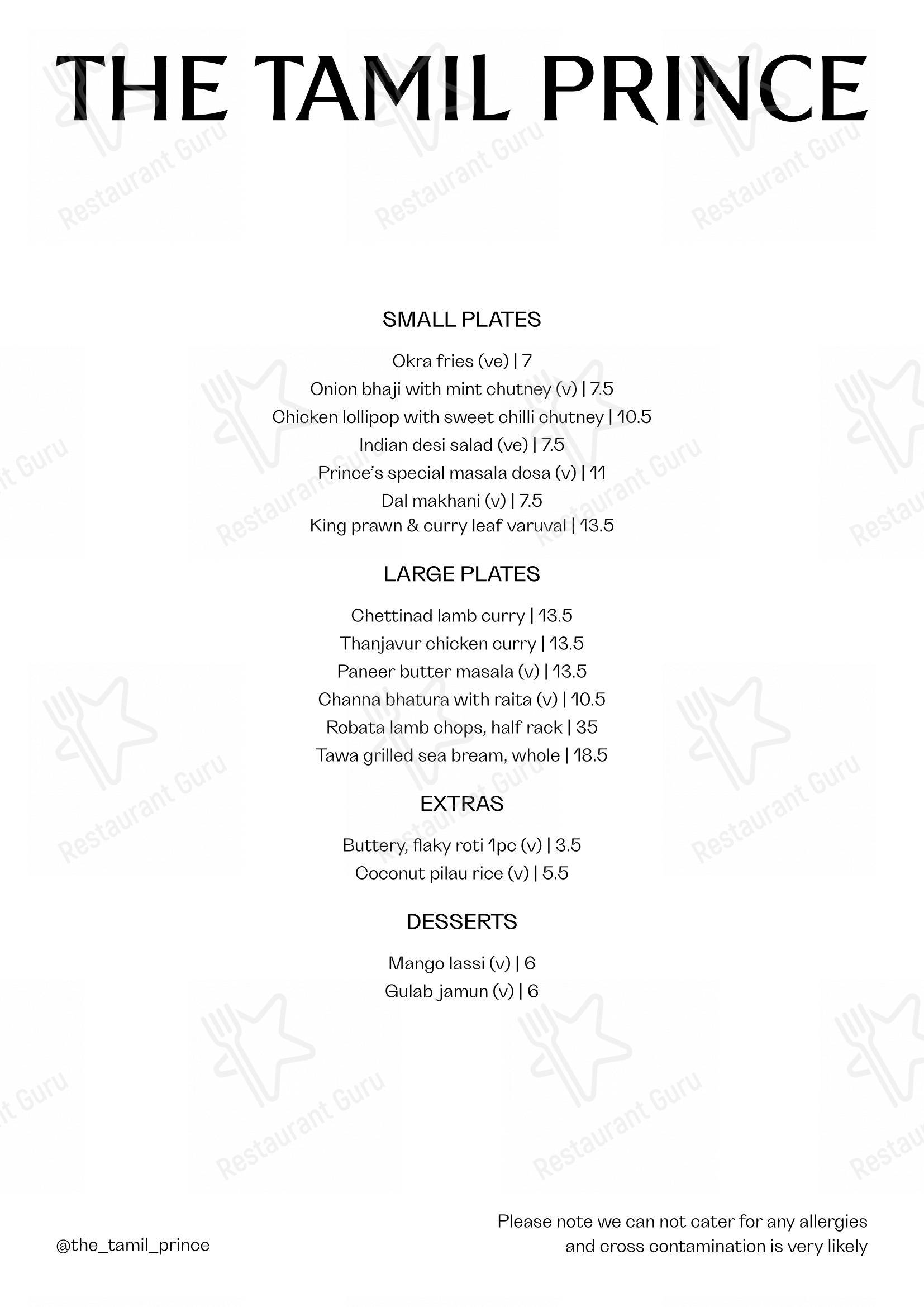 Menu at The Tamil Prince restaurant, London