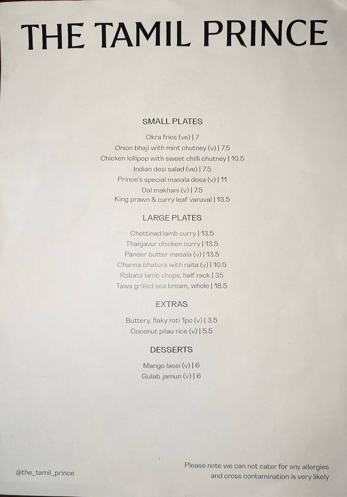 Carta del restaurante The Tamil Prince, Londres