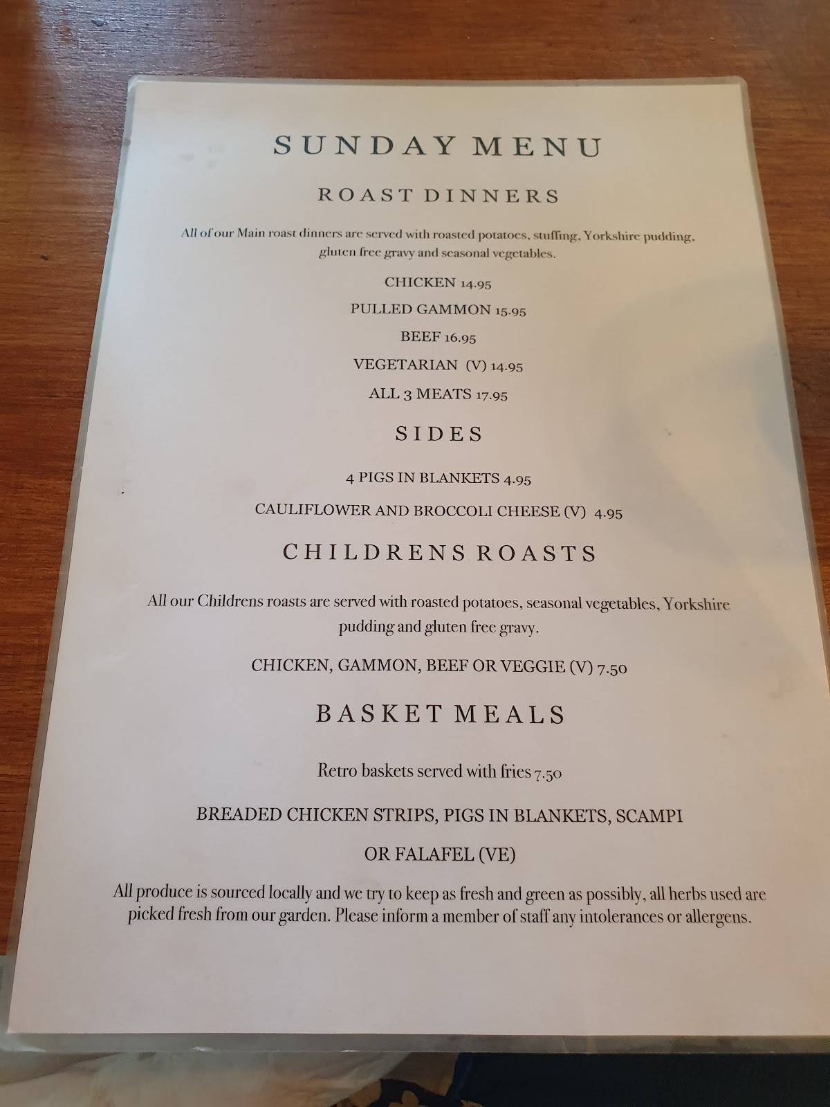 Menu at The Tavern Inn restaurant, Kemble
