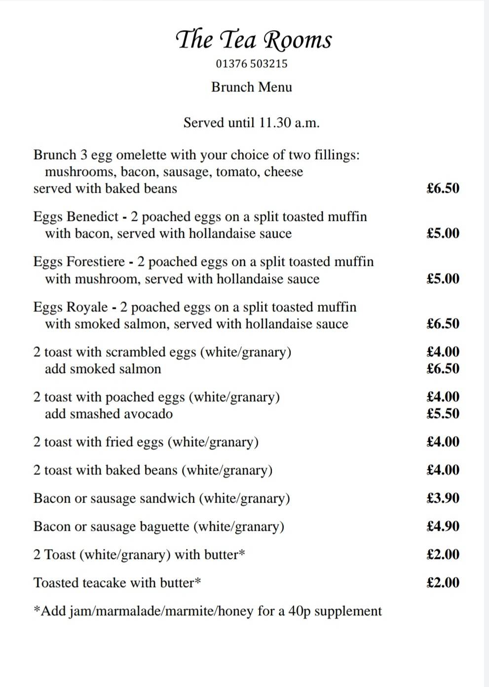 Menu at The Tea Rooms cafe, Witham