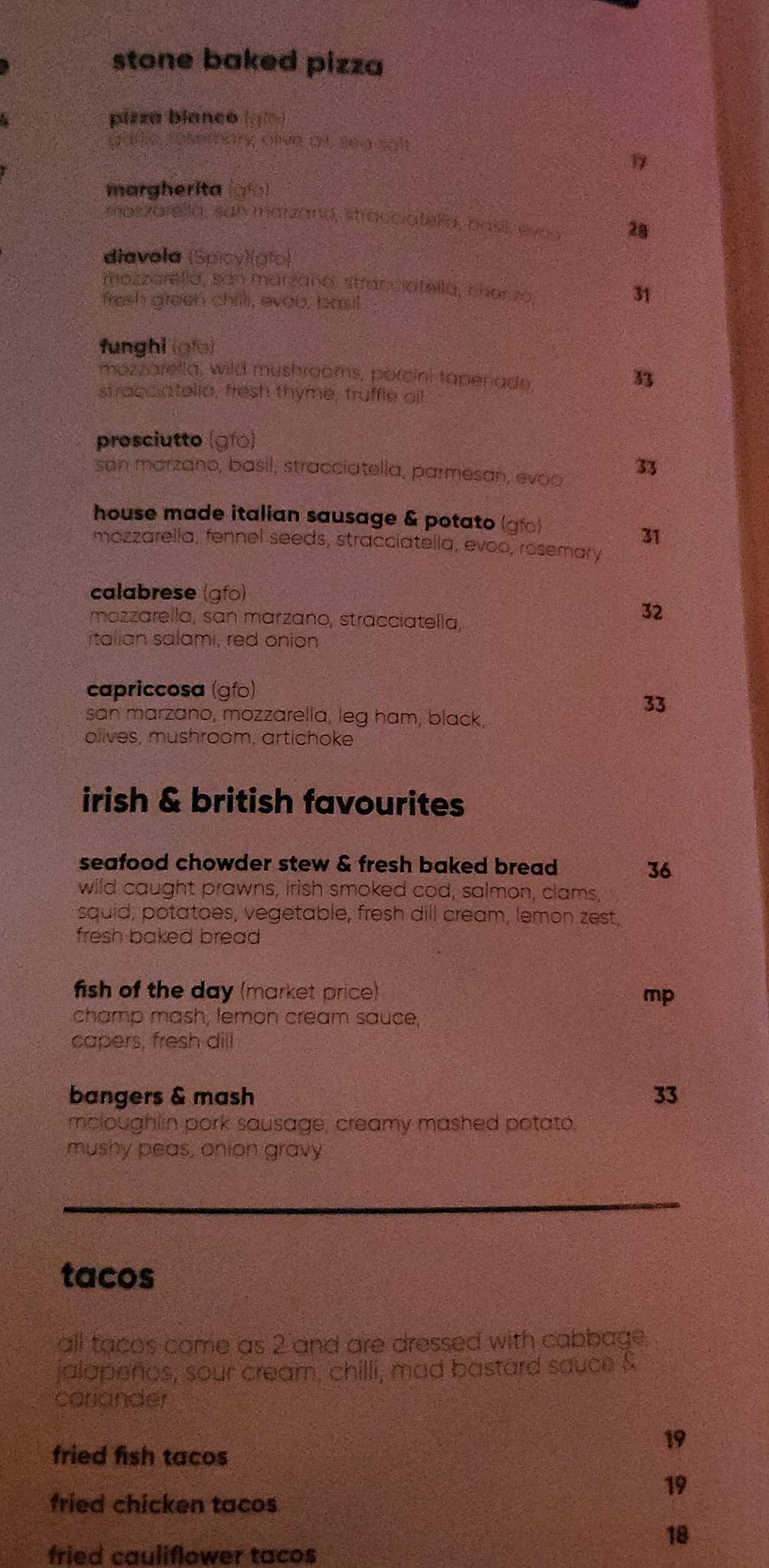 Menu at The Temple Bar, Iluka