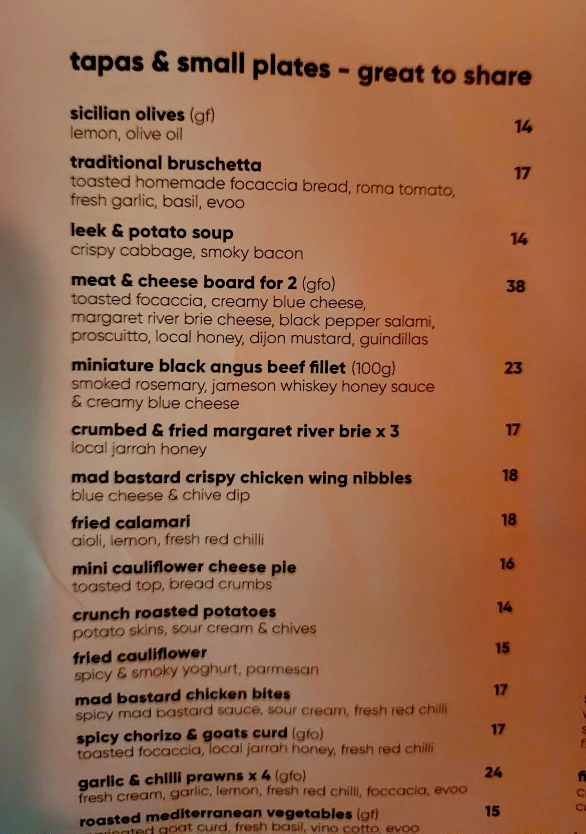 Menu at The Temple Bar, Iluka