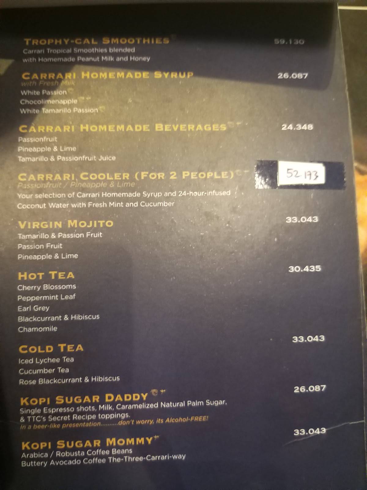 Menu at The Three Carrari cafe, Medan, Ruko