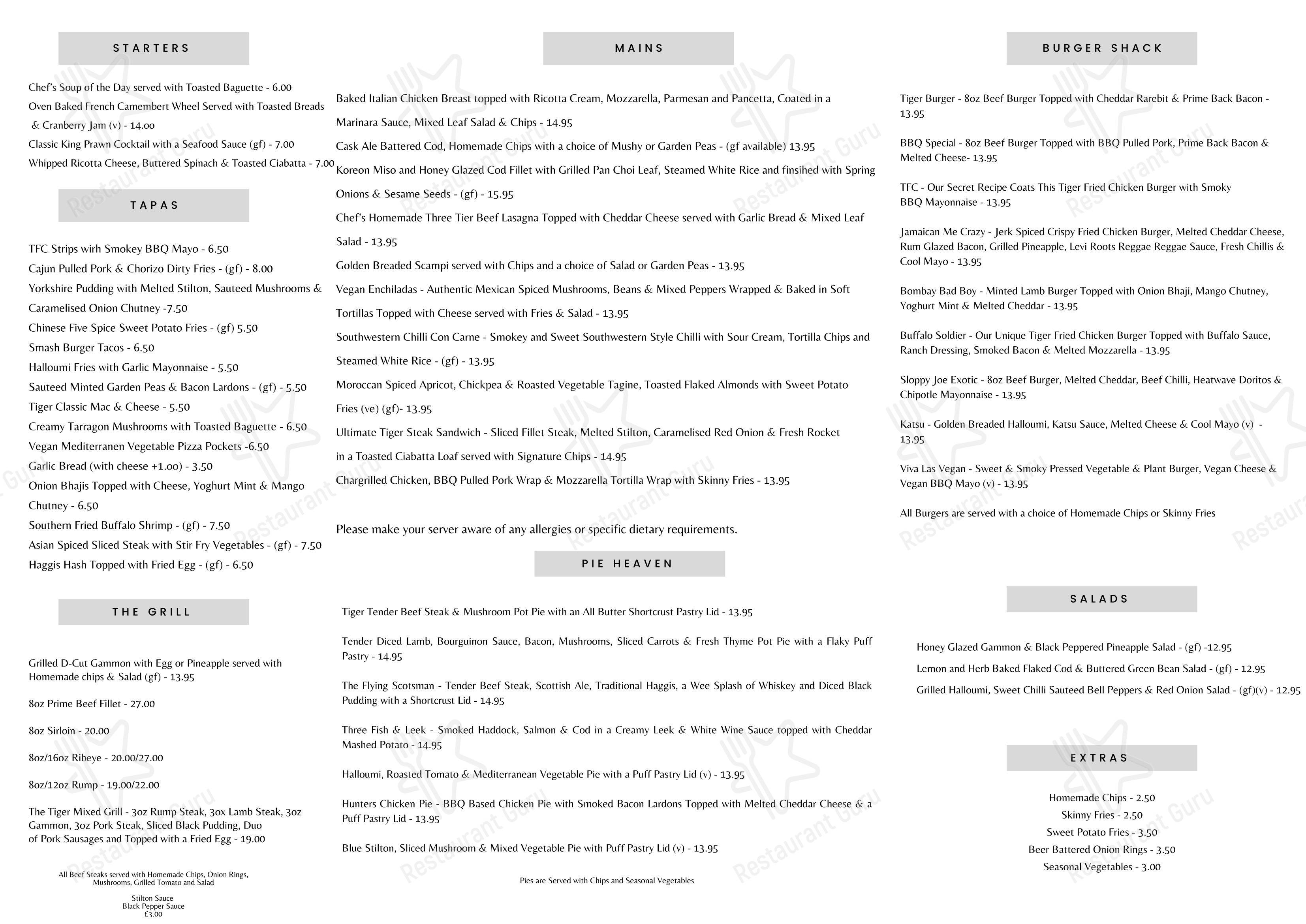 Menu at The Tiger Inn pub & bar, Turnditch