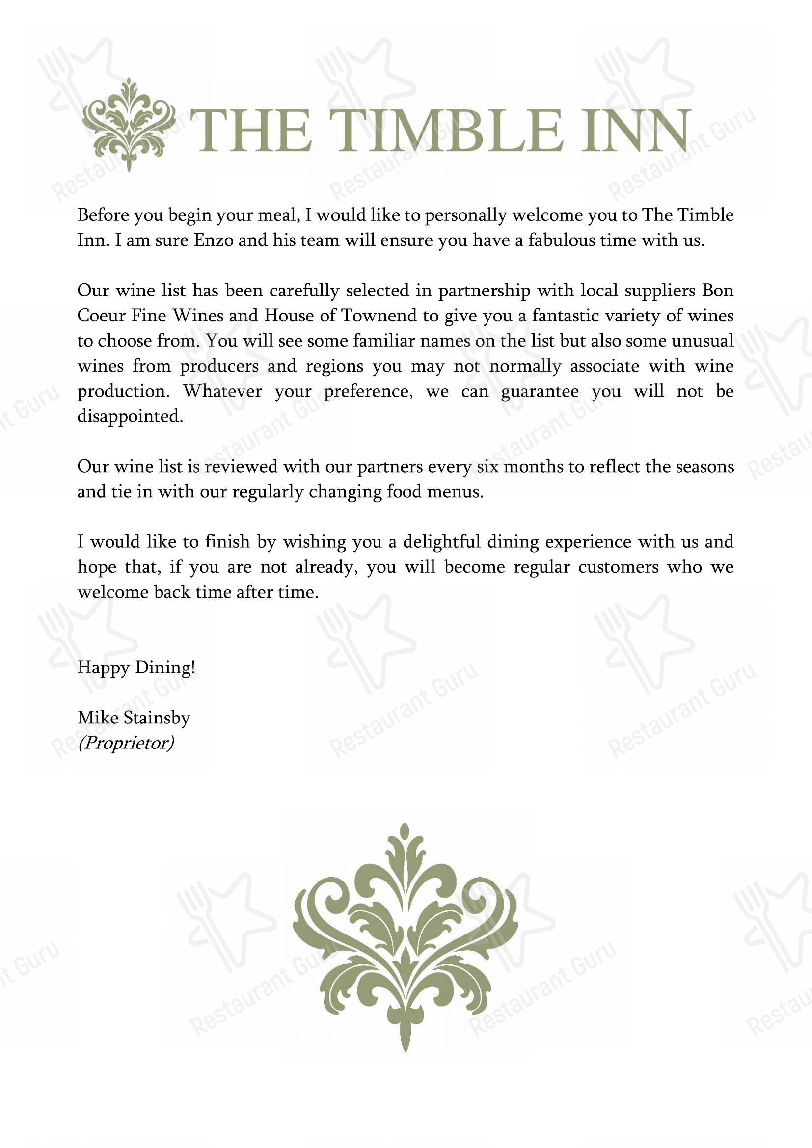 Menu at The Timble Inn restaurant, Timble