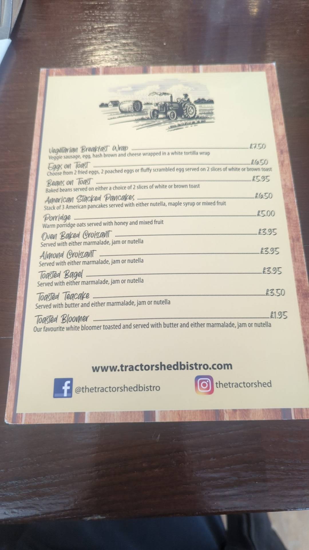Menu at The Tractor Shed Bistro restaurant, Fleetwood