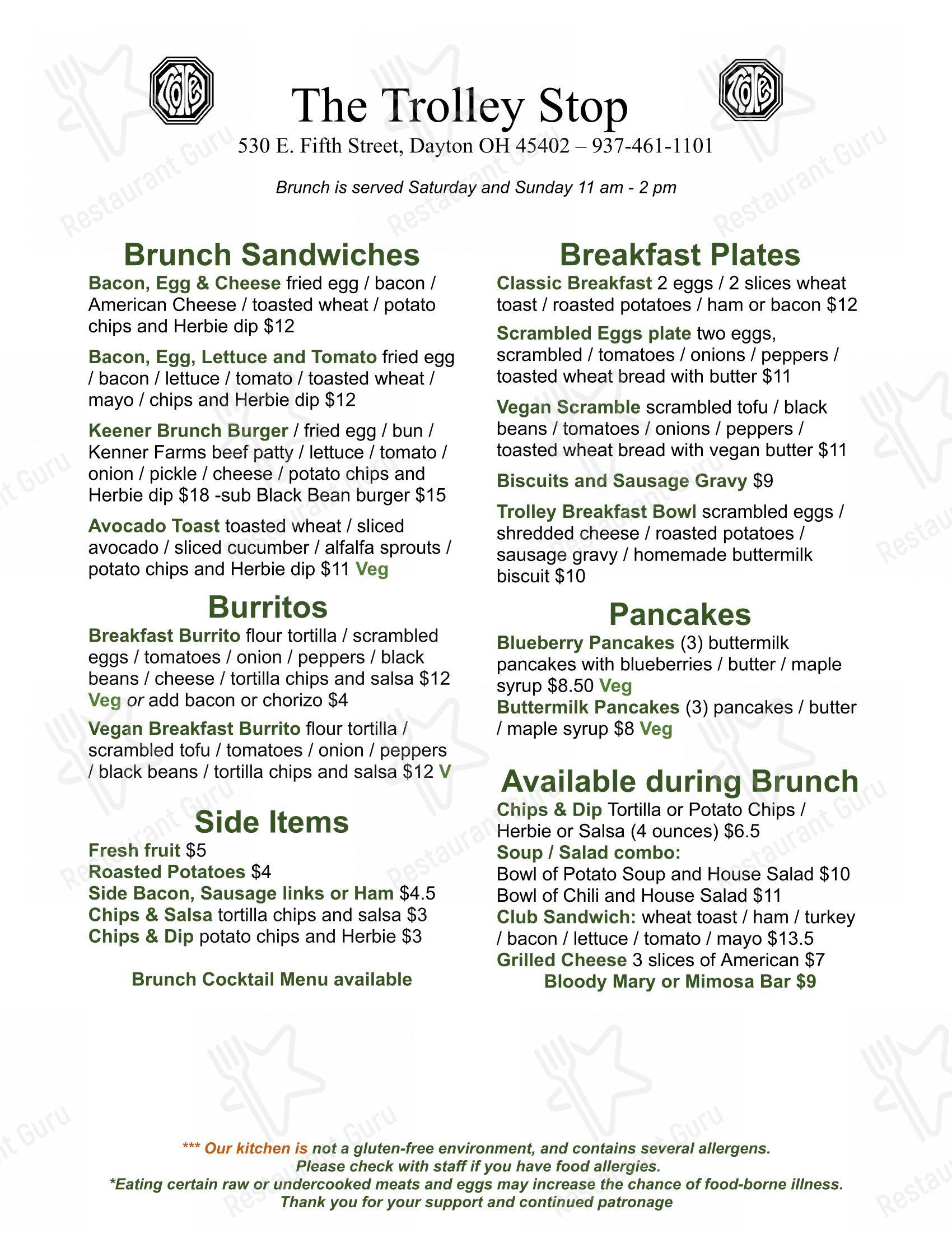 Menu at The Trolley Stop restaurant, Dayton