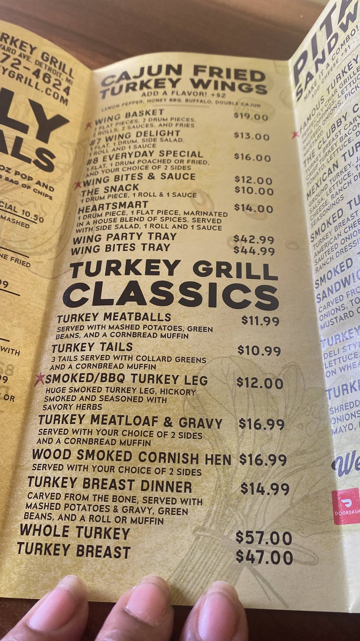 Menu at The Turkey Grill restaurant, Detroit