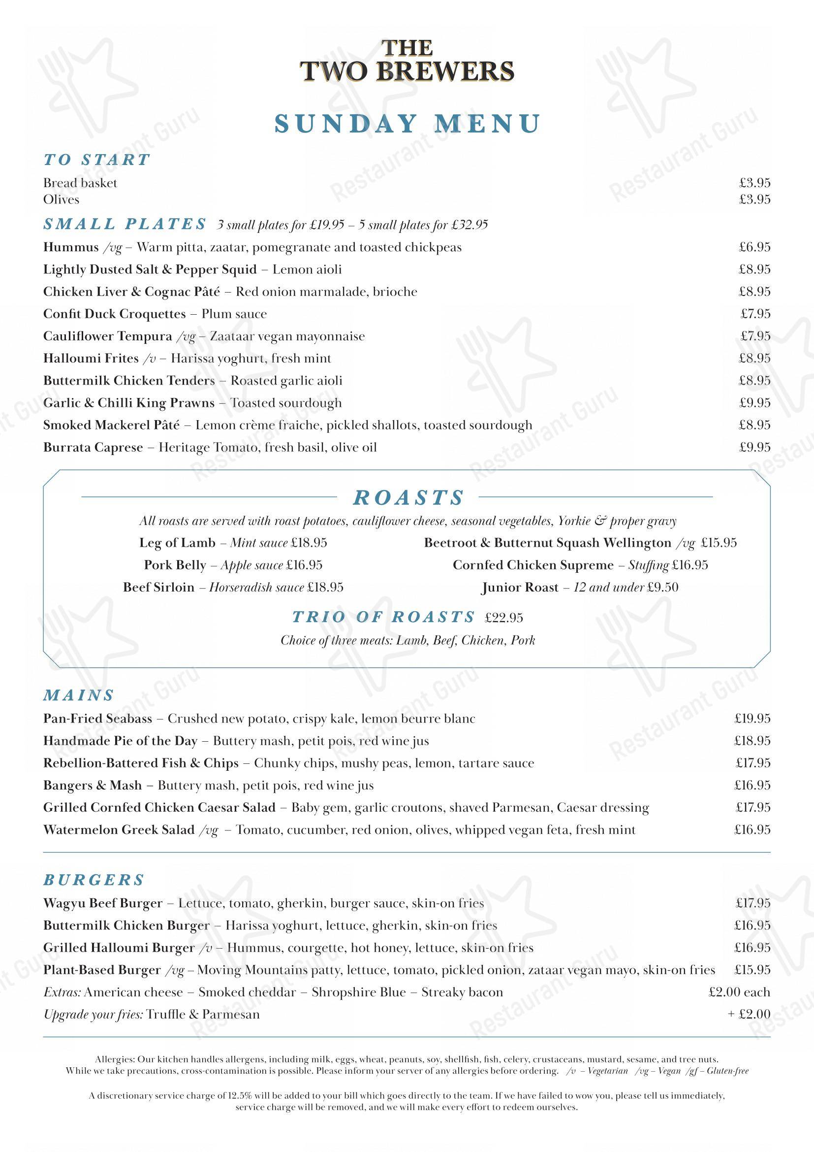 Menu at The Two Brewers pub & bar, Marlow