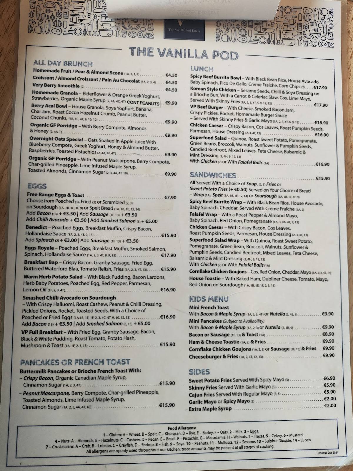Menu at The Vanilla Pod Carrickmines cafe, Carrickmines, The Iveagh Mall