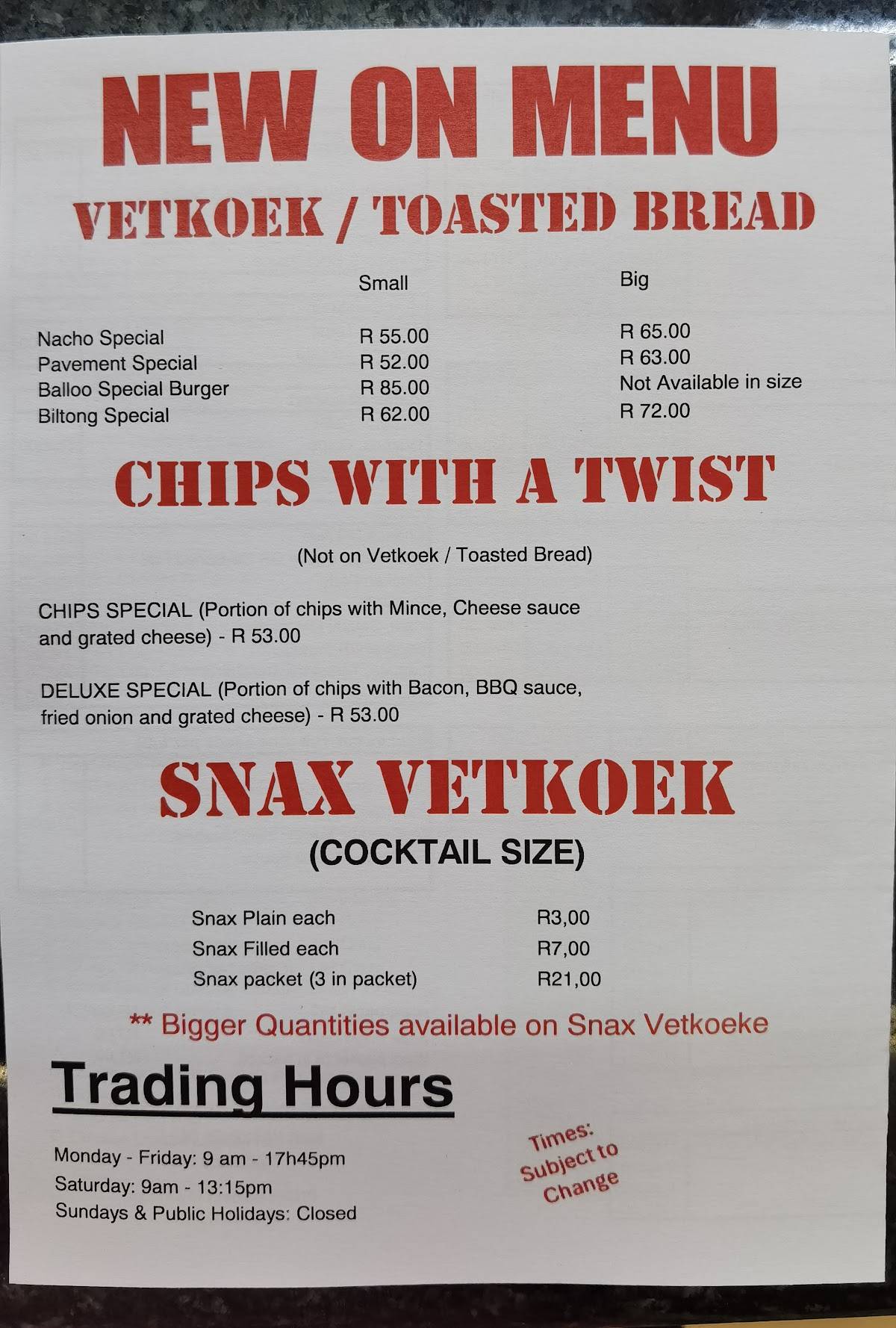 Menu at The Vetkoek Deli restaurant, Vereeniging