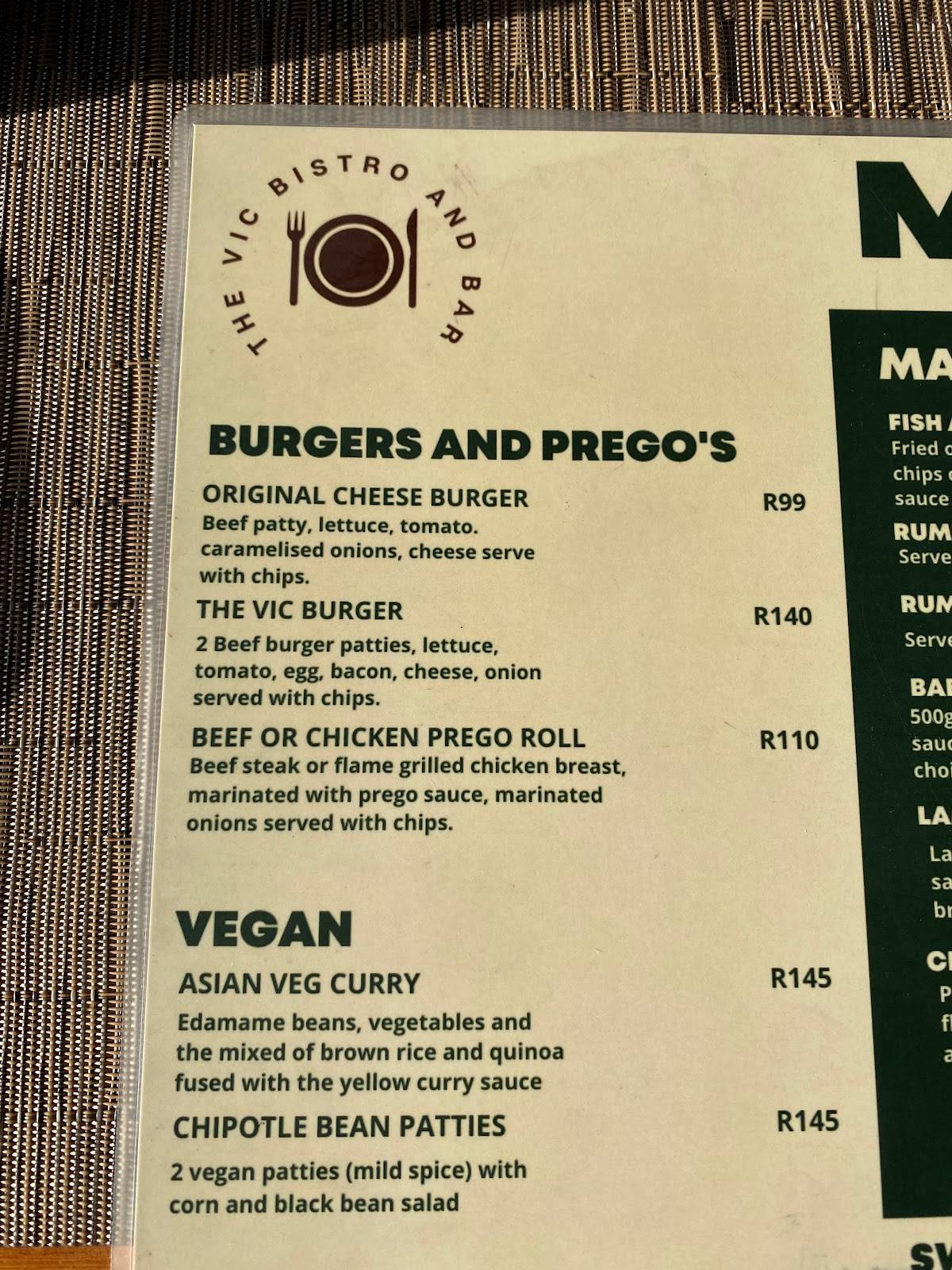 Menu at The Vic Restaurant and Bar, Cape Town