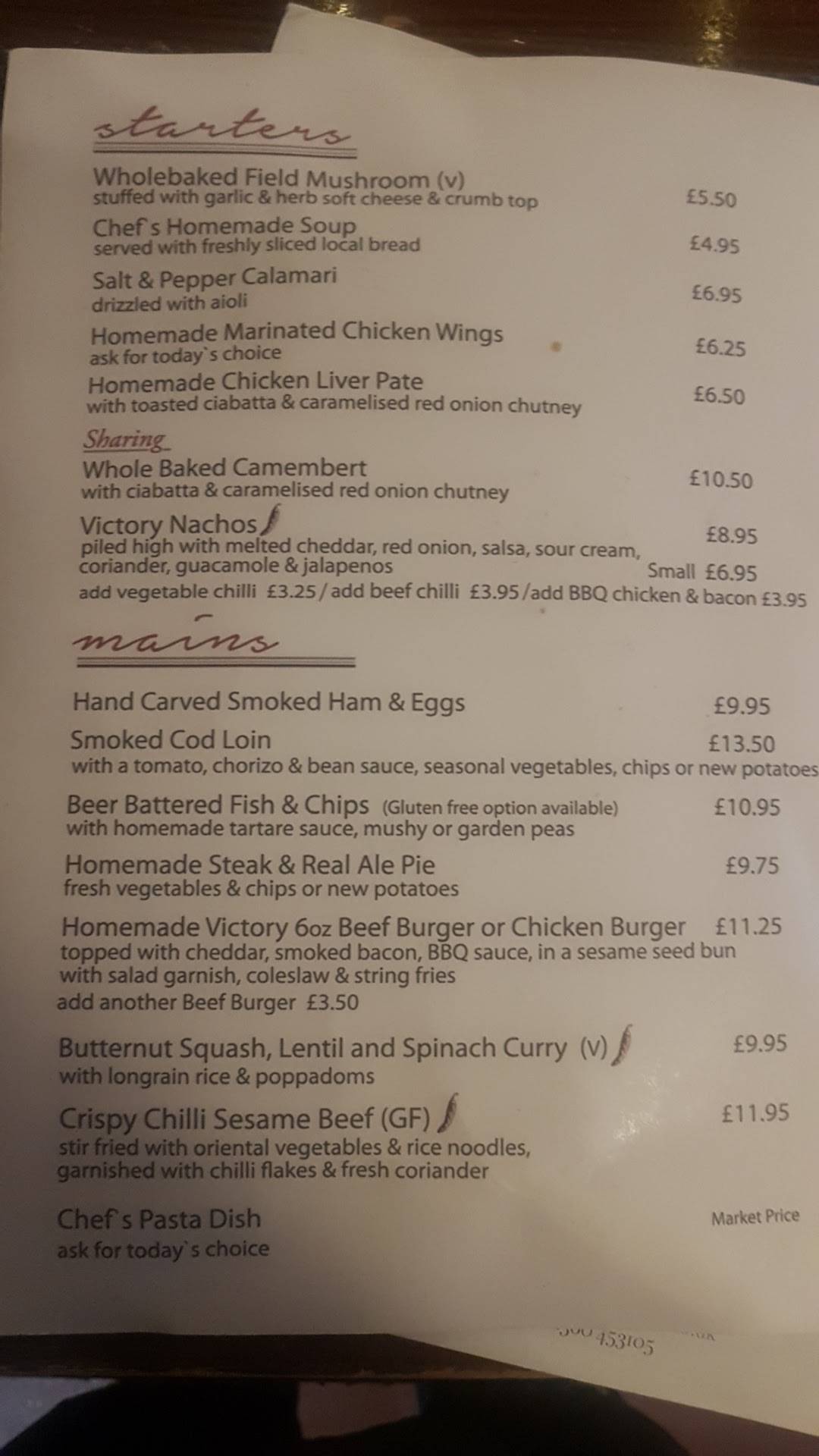 Menu at The Victory pub & bar, Southampton, High St