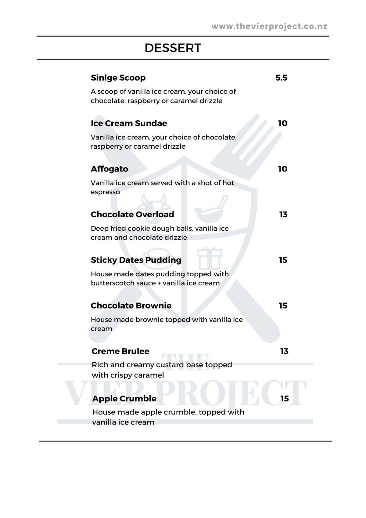 Menu at The Vier Project restaurant, Twizel