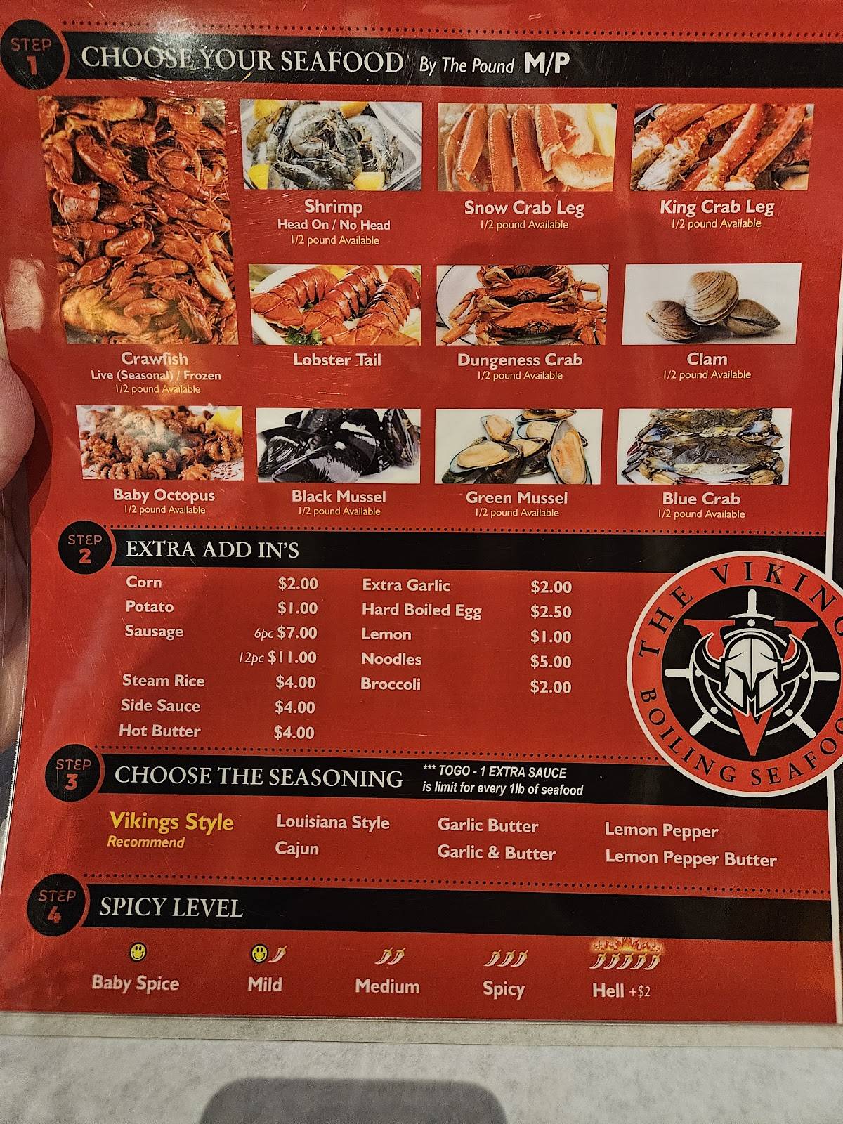 Menu at The Vikings Boiling Seafood restaurant, Las Vegas
