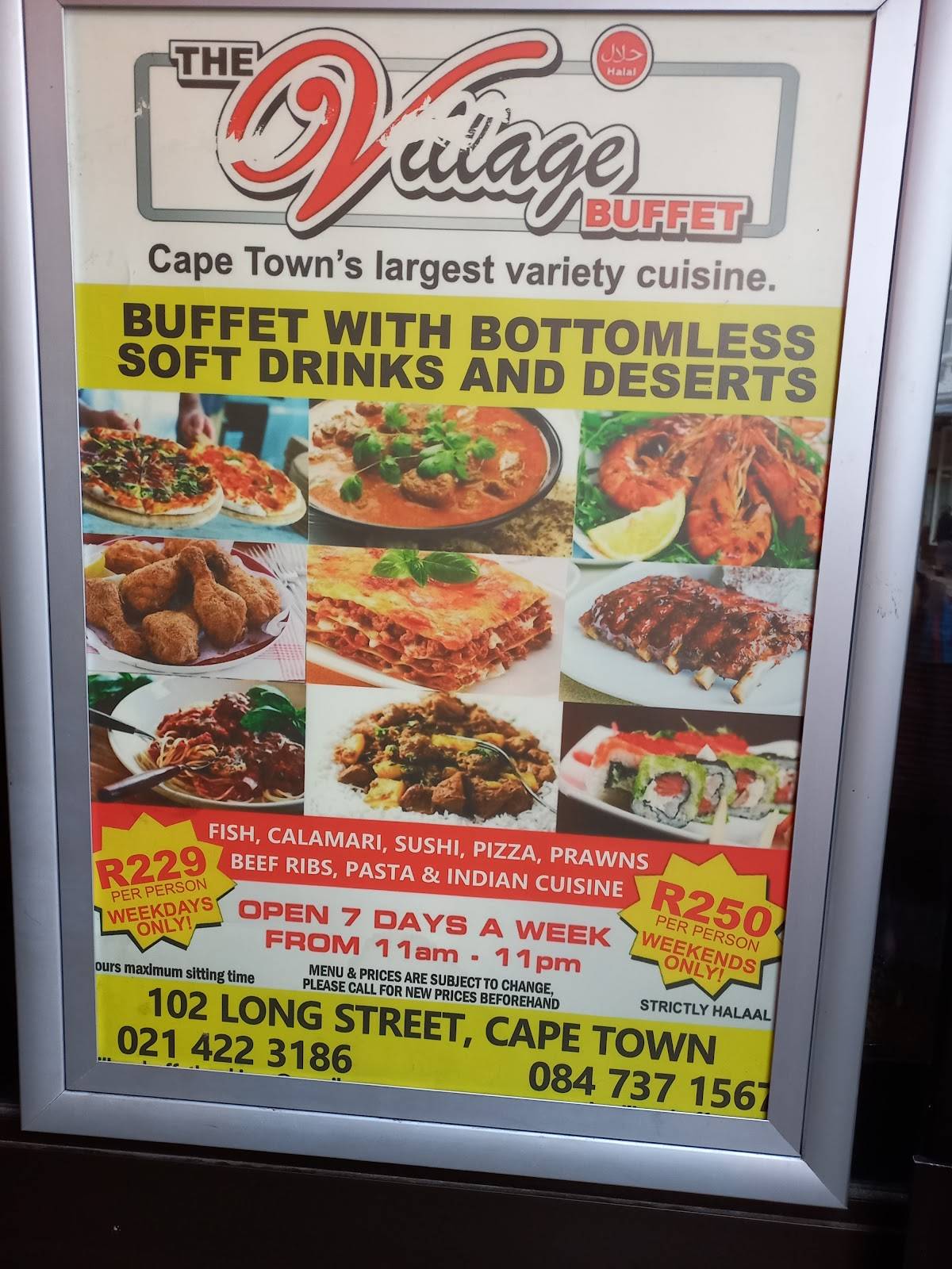 Menu at The Village Buffet restaurant, Cape Town