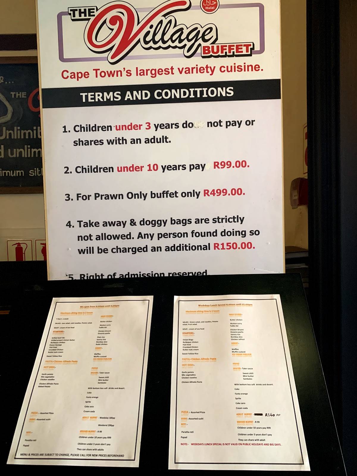 Menu at The Village Buffet restaurant, Cape Town